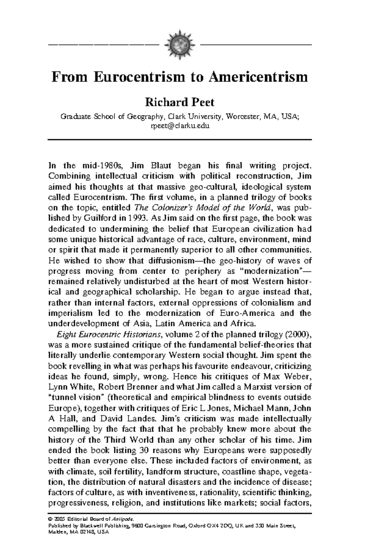 Richard Peet's Critique: From Eurocentrism to Americentrism - Studocu