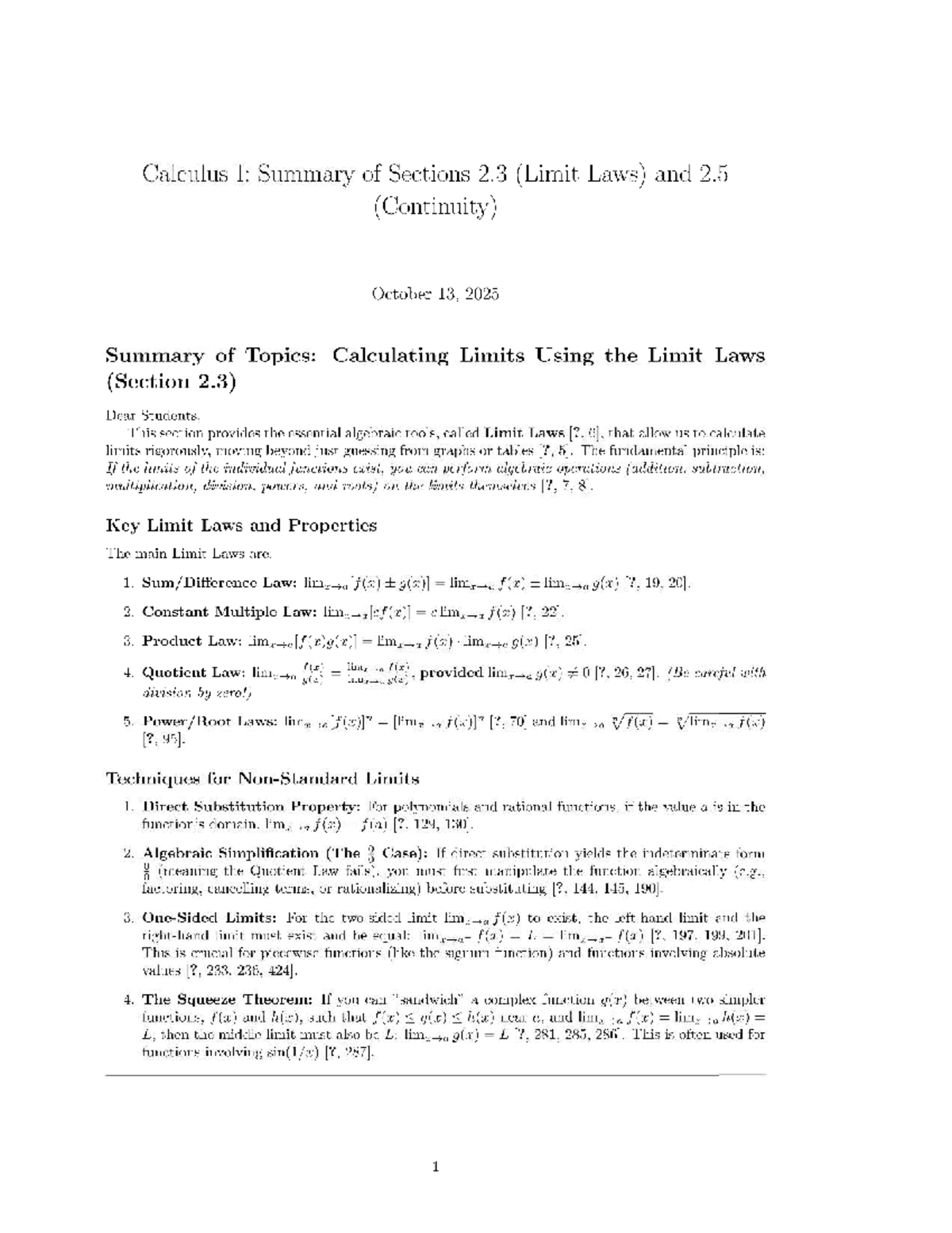 Calculus I: Summary of Limit Laws (2.3) & Continuity (2.5) - Studocu
