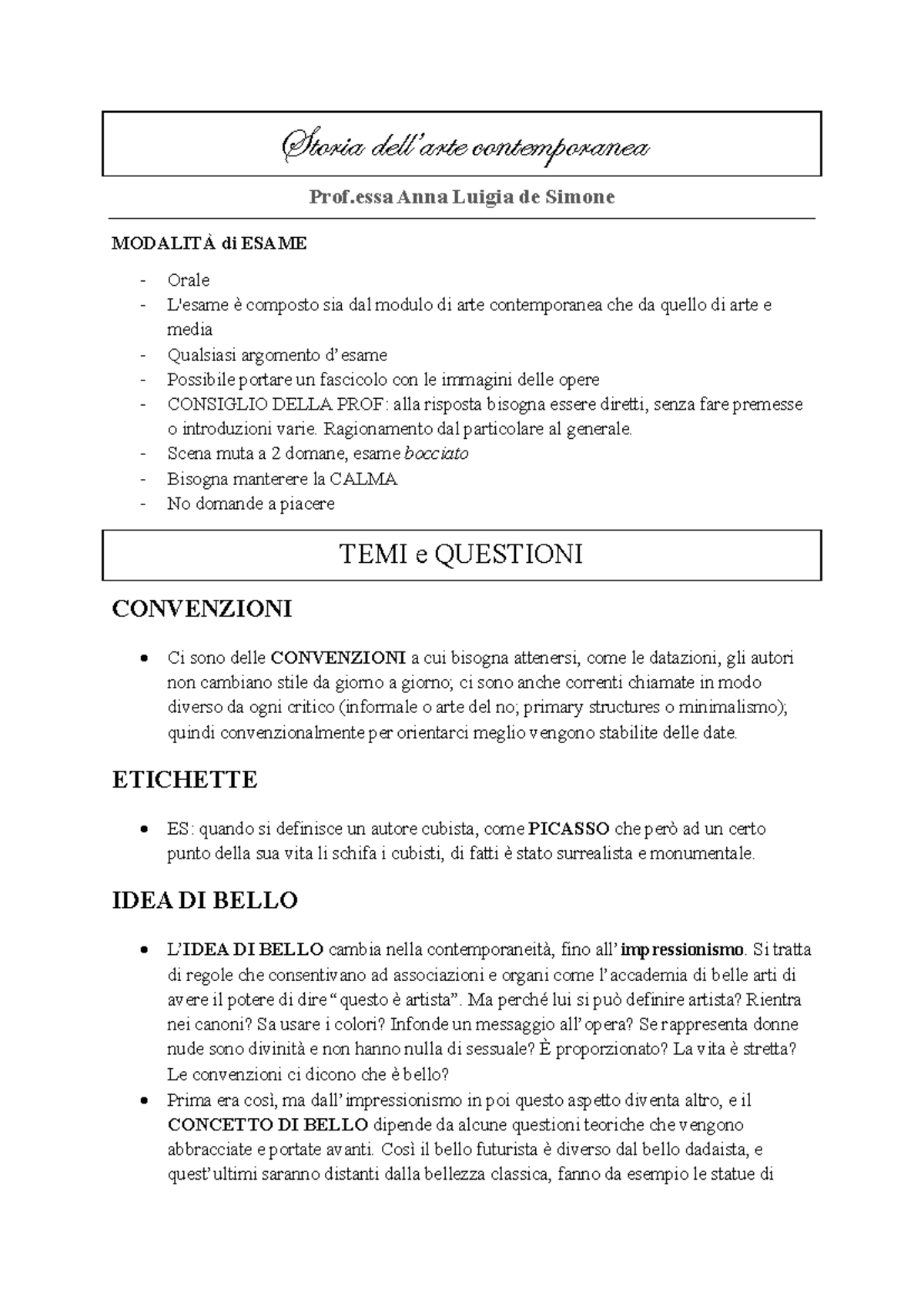 Arti Visive Contemporanee: Modalità d'Esame Orale (Prof. de Simone) - Studocu