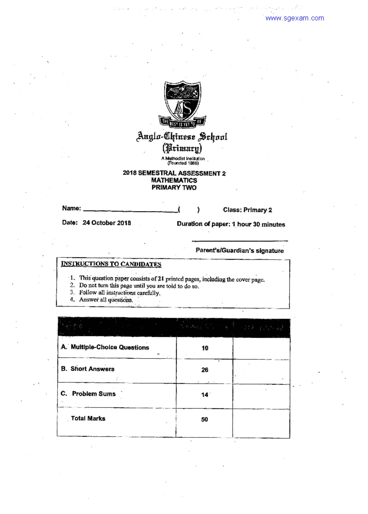 2018 P6 Maths SA2 Examination Paper 1 at Nanyang Primary School - Studocu