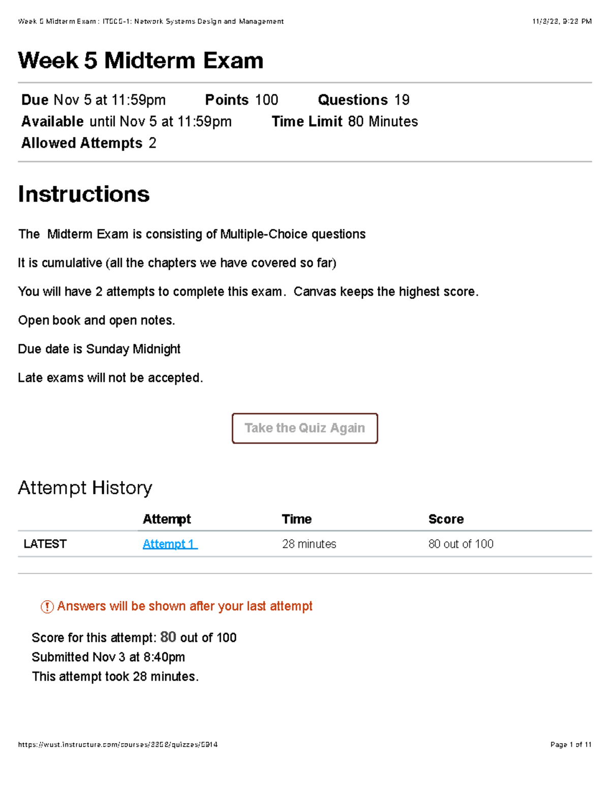 Week 5 Midterm Exam: IT505-1 Network Systems Design & Mgmt Score 80/100 ...