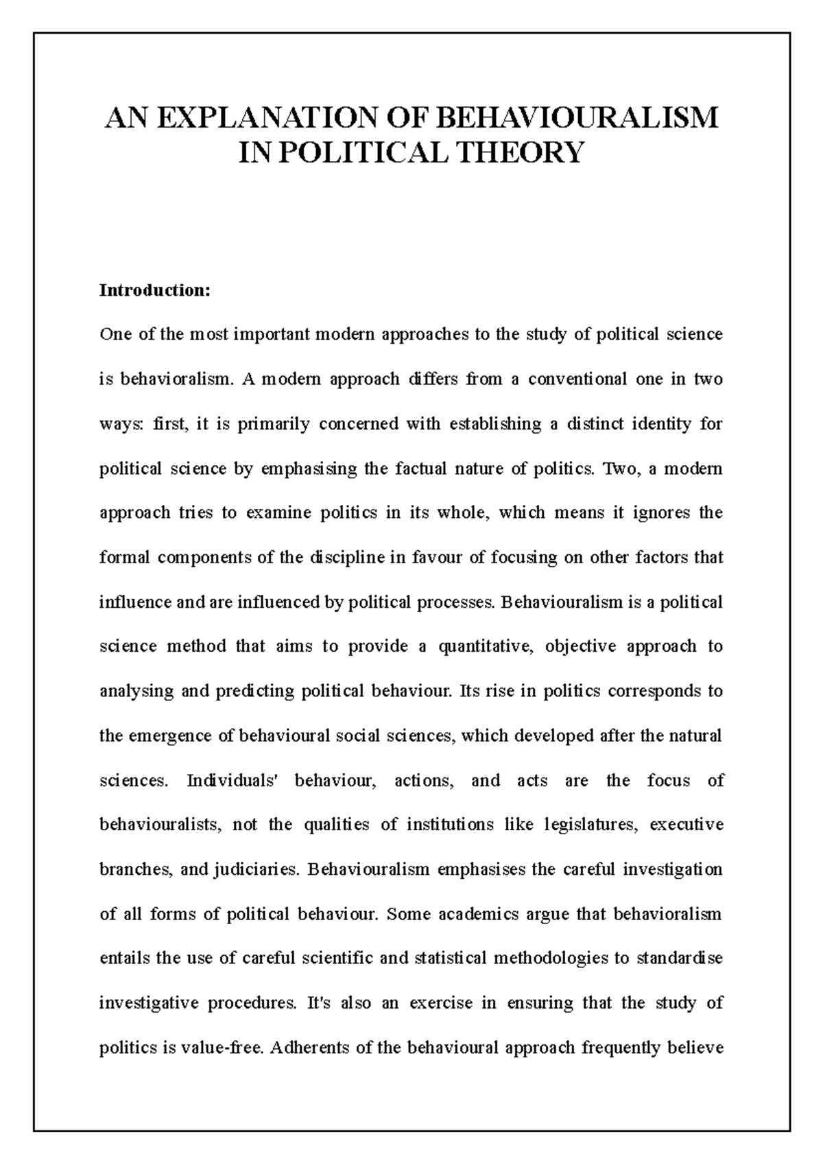 Behaviouralism in Political Theory: A Comprehensive Overview - Studocu