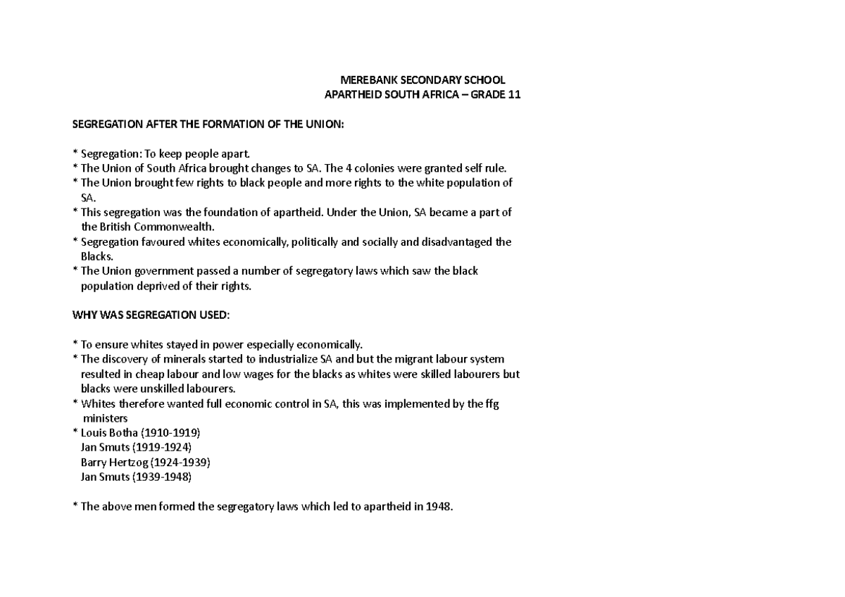 Grade 11 Apartheid Notes: Understanding Segregation Laws in SA - Studocu