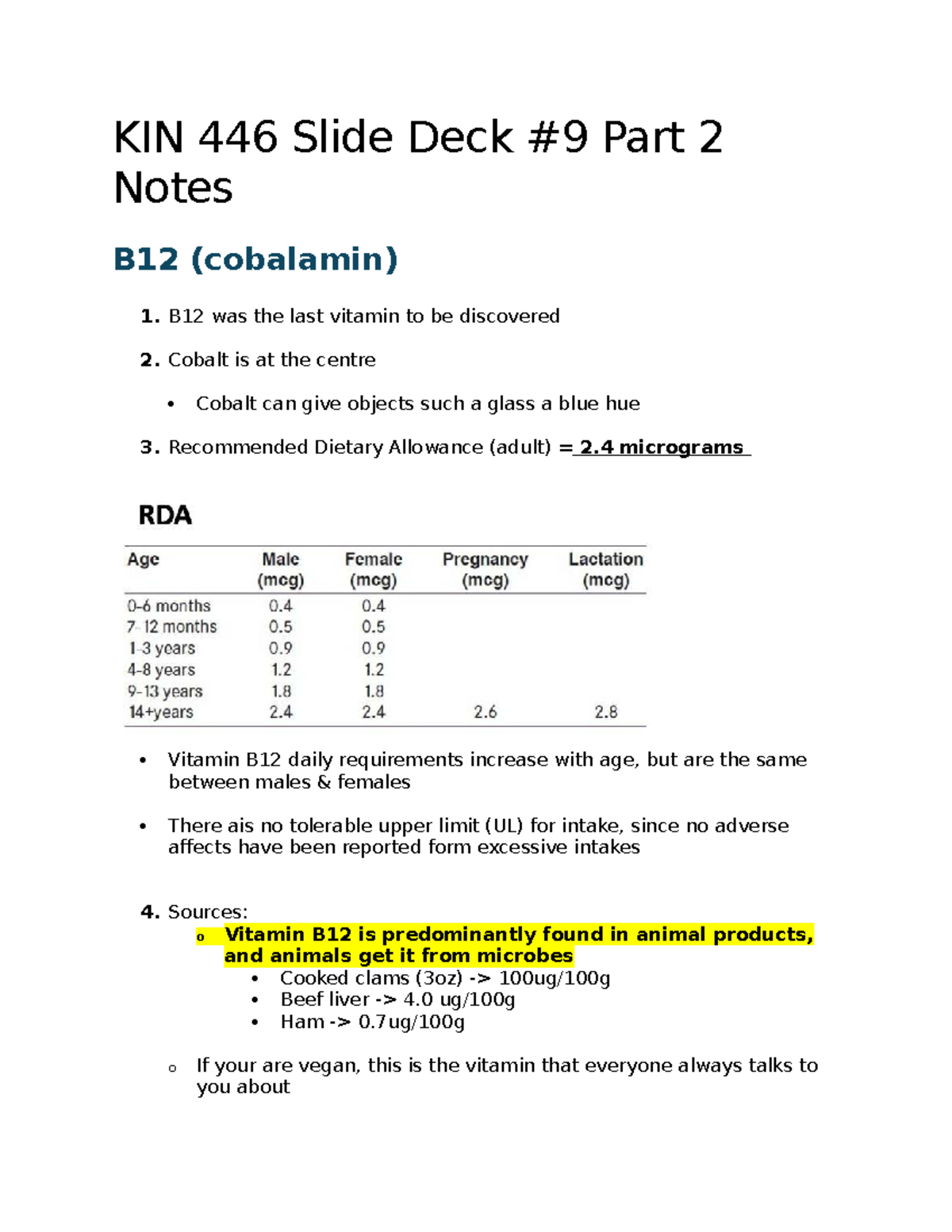 KIN 446 Slide Deck #9: Vitamin B12 and Folate Insights - Studocu