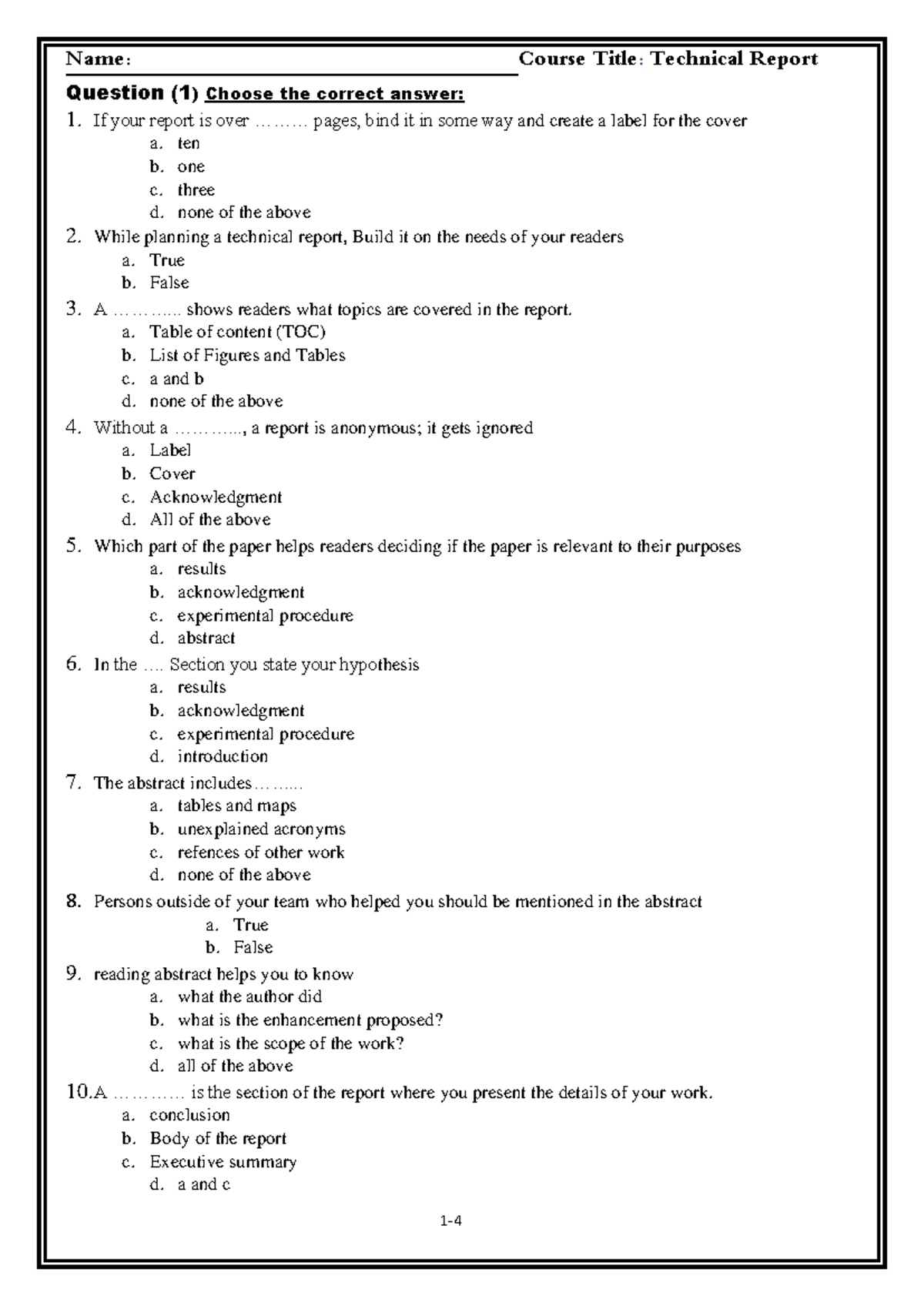 Midterm Quiz 2022: Technical Report 1 Questions and Answers - Studocu