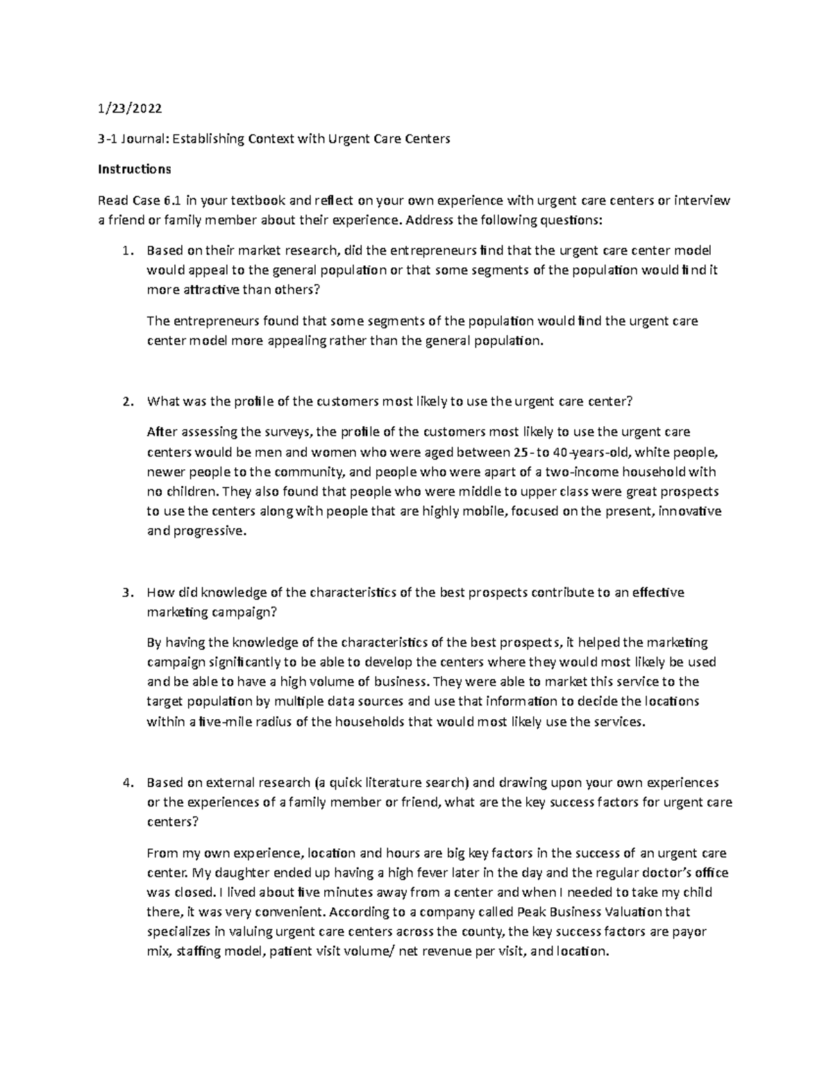 3-1 Journal Establishing Context with Urgent Care Centers - 1/23/ 3-1 ...