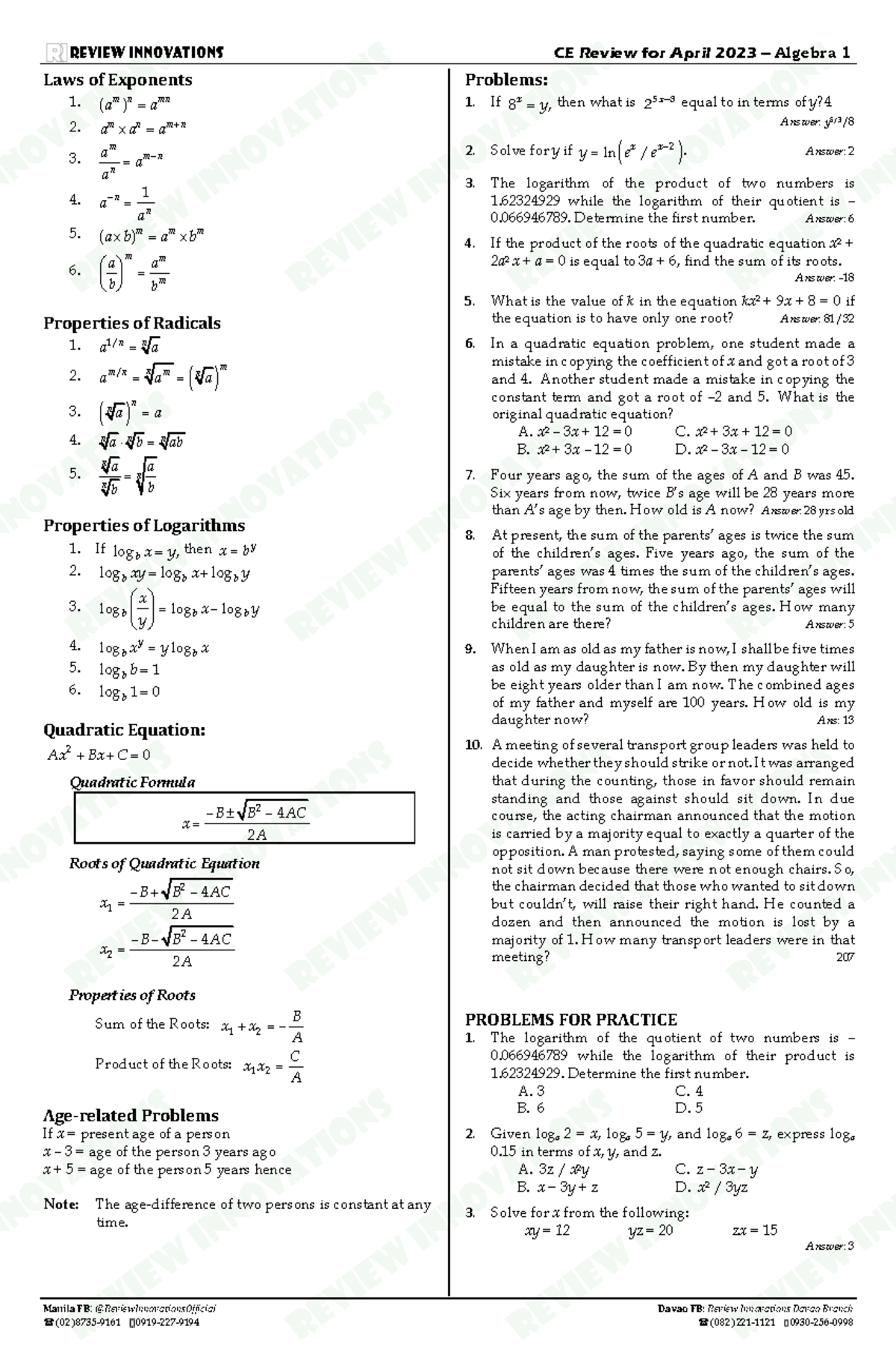 2023 April Algebra 1 - review materials - Review Innovations CE Review ...