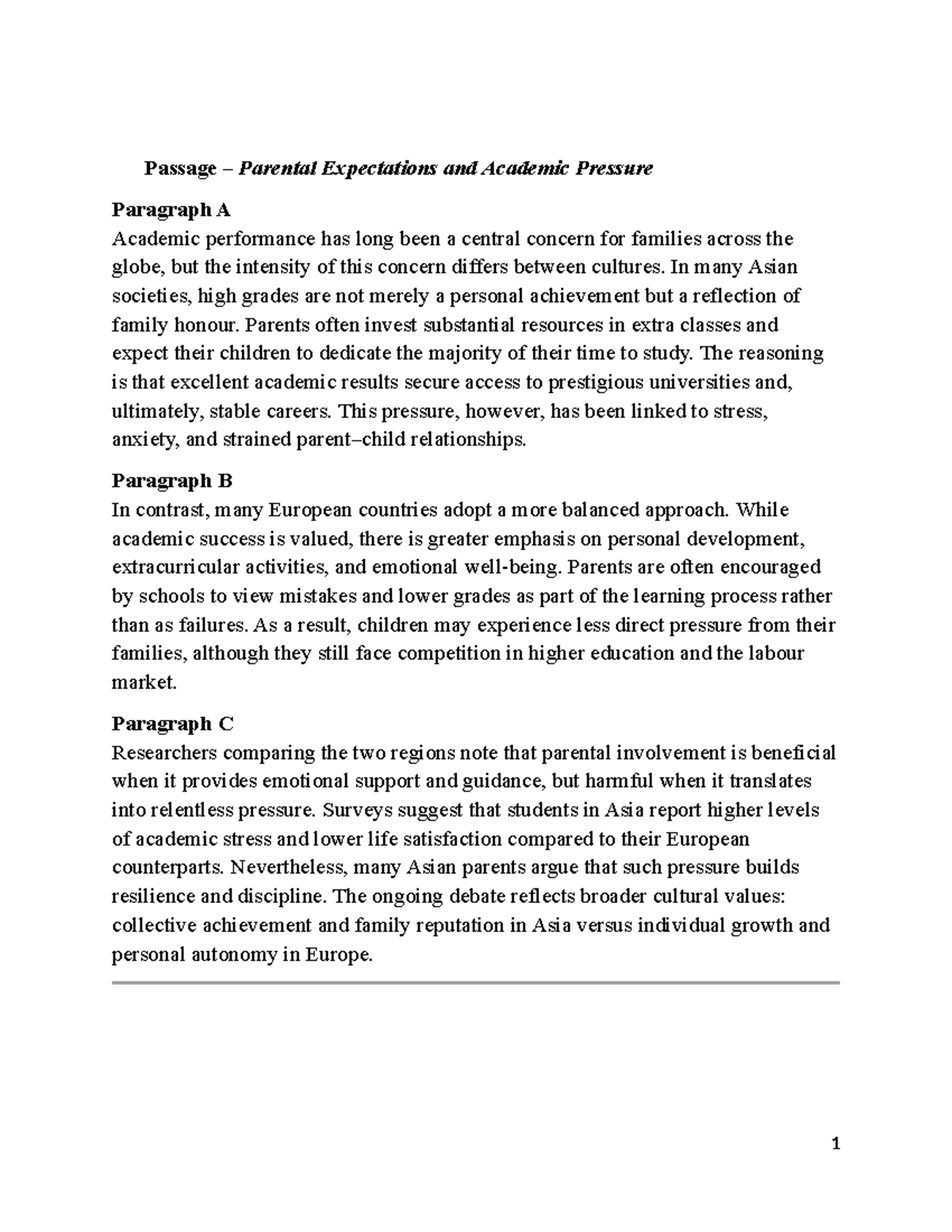 IELTS Reading Practice: Parental Expectations & Academic Pressure - Studocu