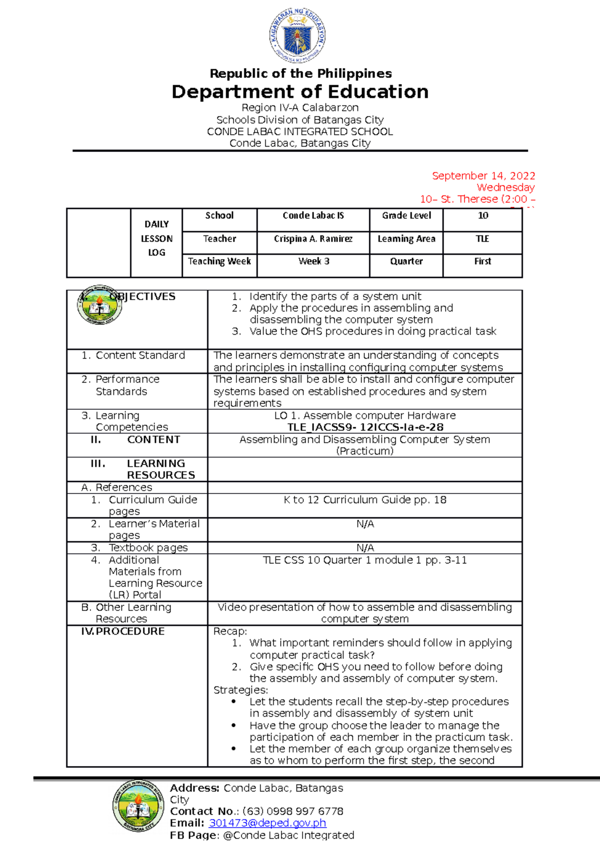 TLE 10 Computer Assembly Practicum - Sample Lesson Plan - Studocu
