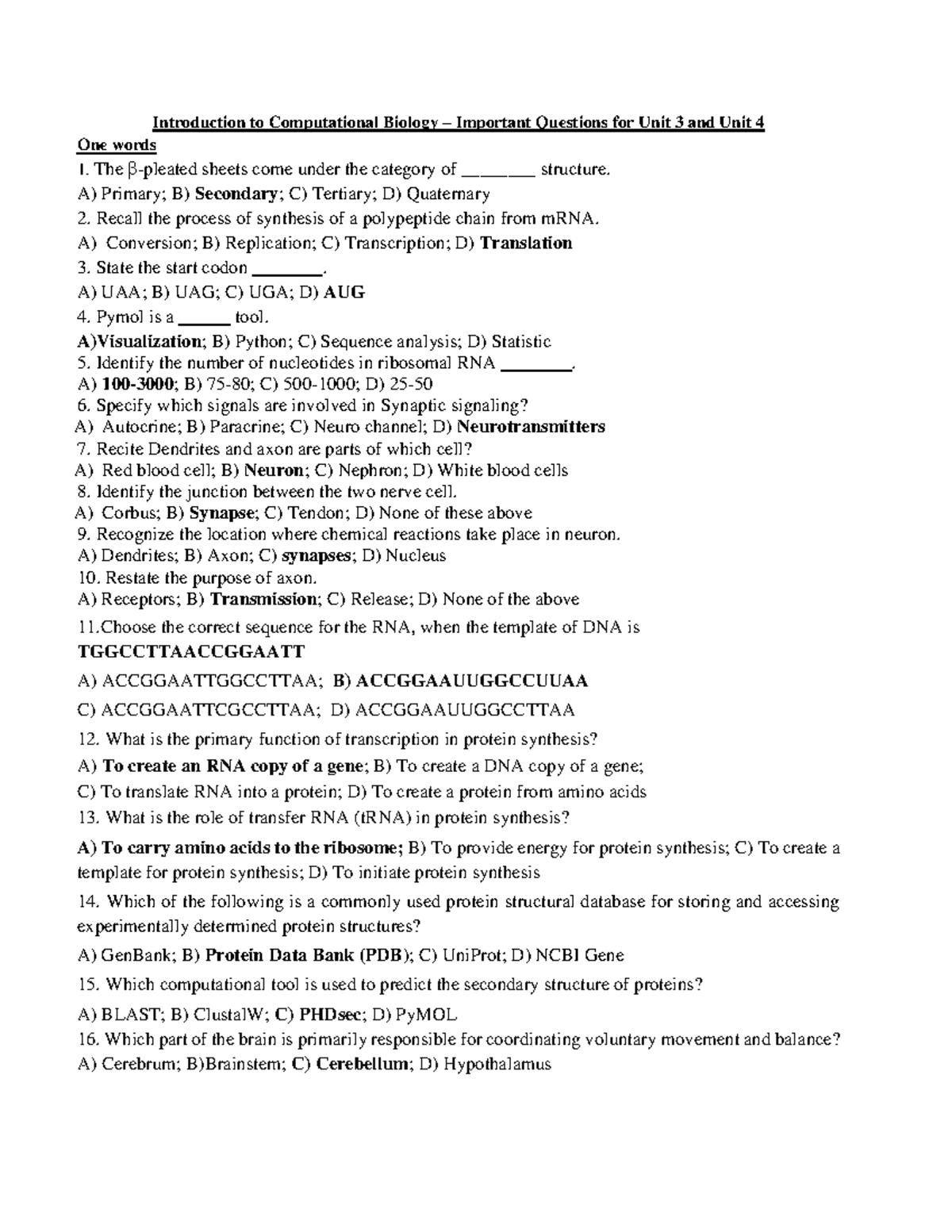 Bio questions practice UNIT 3 AND 4 - Introduction to Computational ...