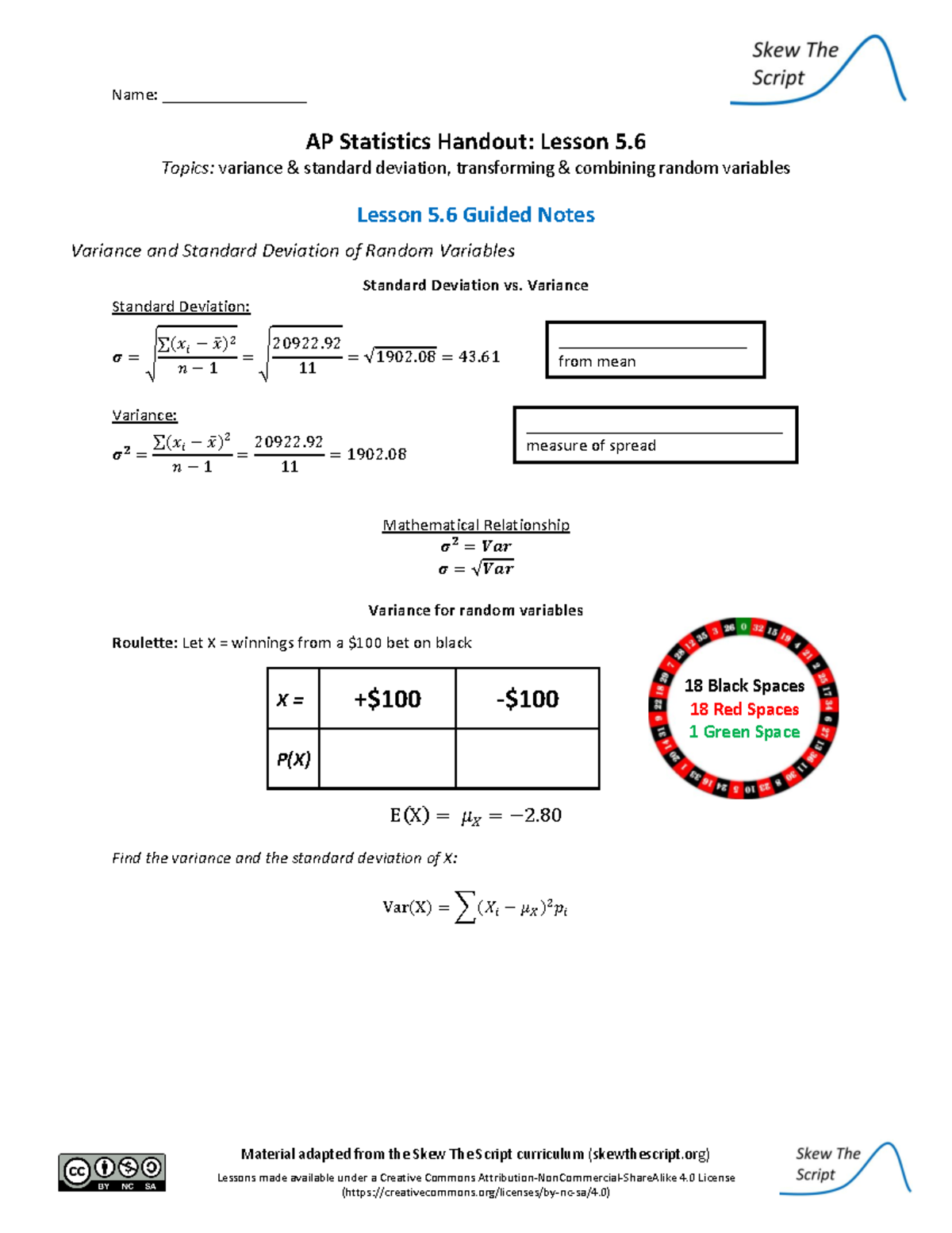 AP Statistics Lesson 5.6: Variance, Standard Deviation & Transforming ...