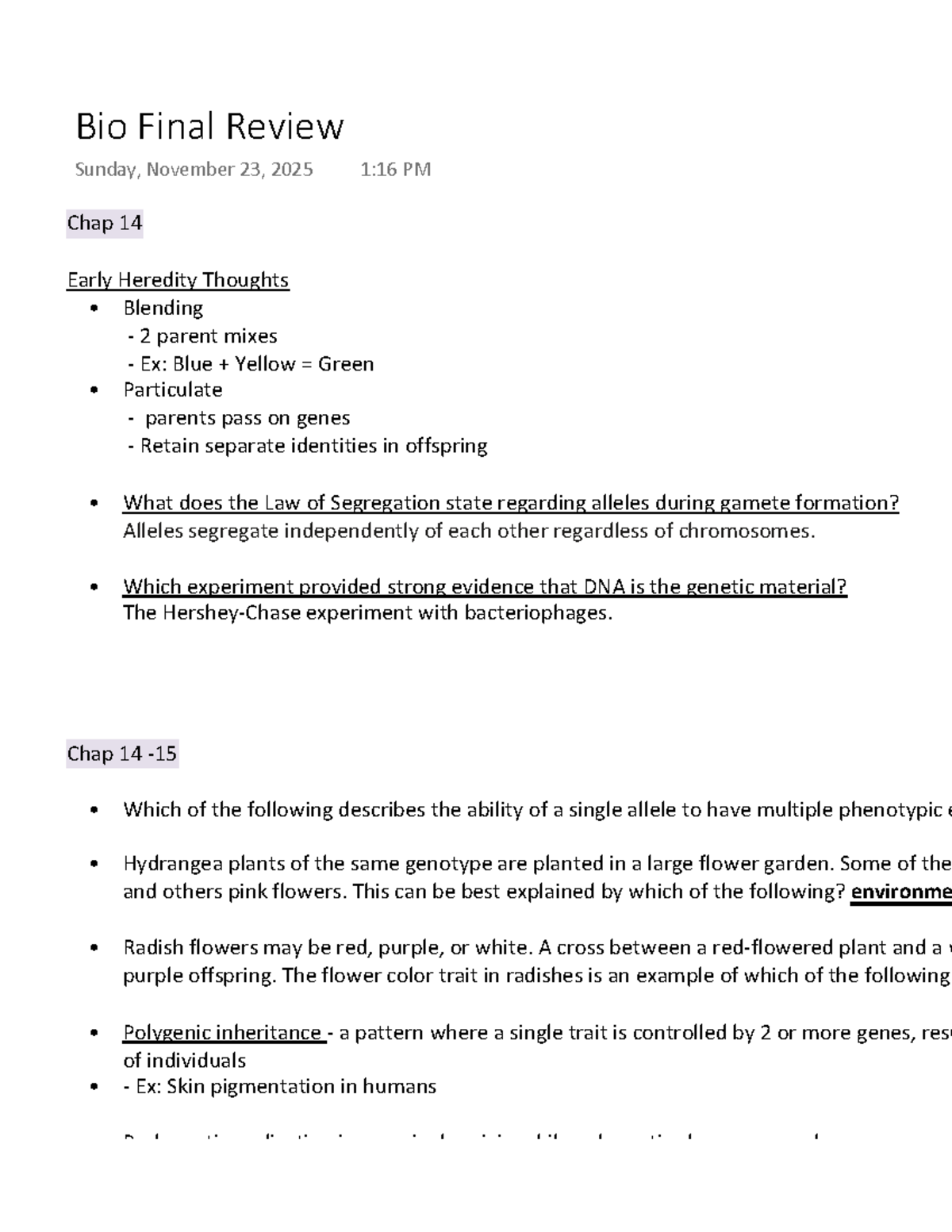 Bio Final Review: Chapters 14-16 Overview - Studocu