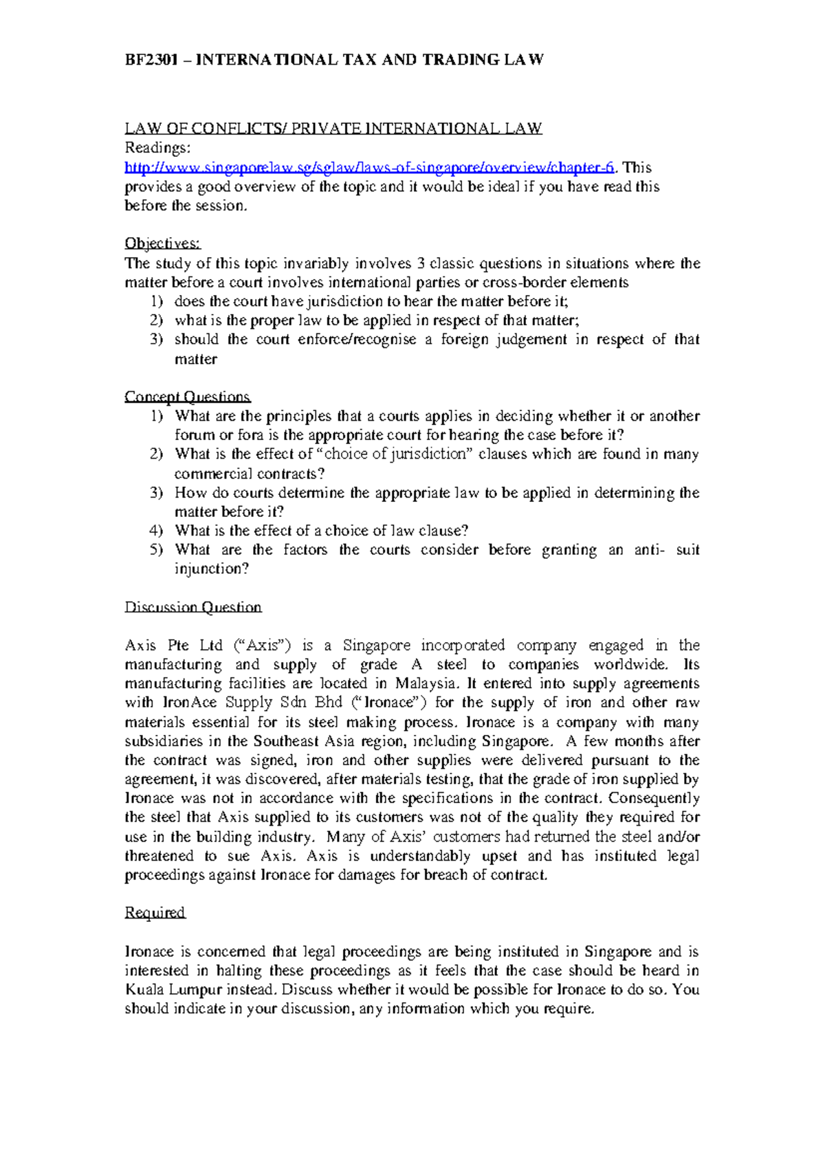 Conflict of laws BF2301 worksheet doc copy - BF2301 – INTERNATIONAL TAX ...