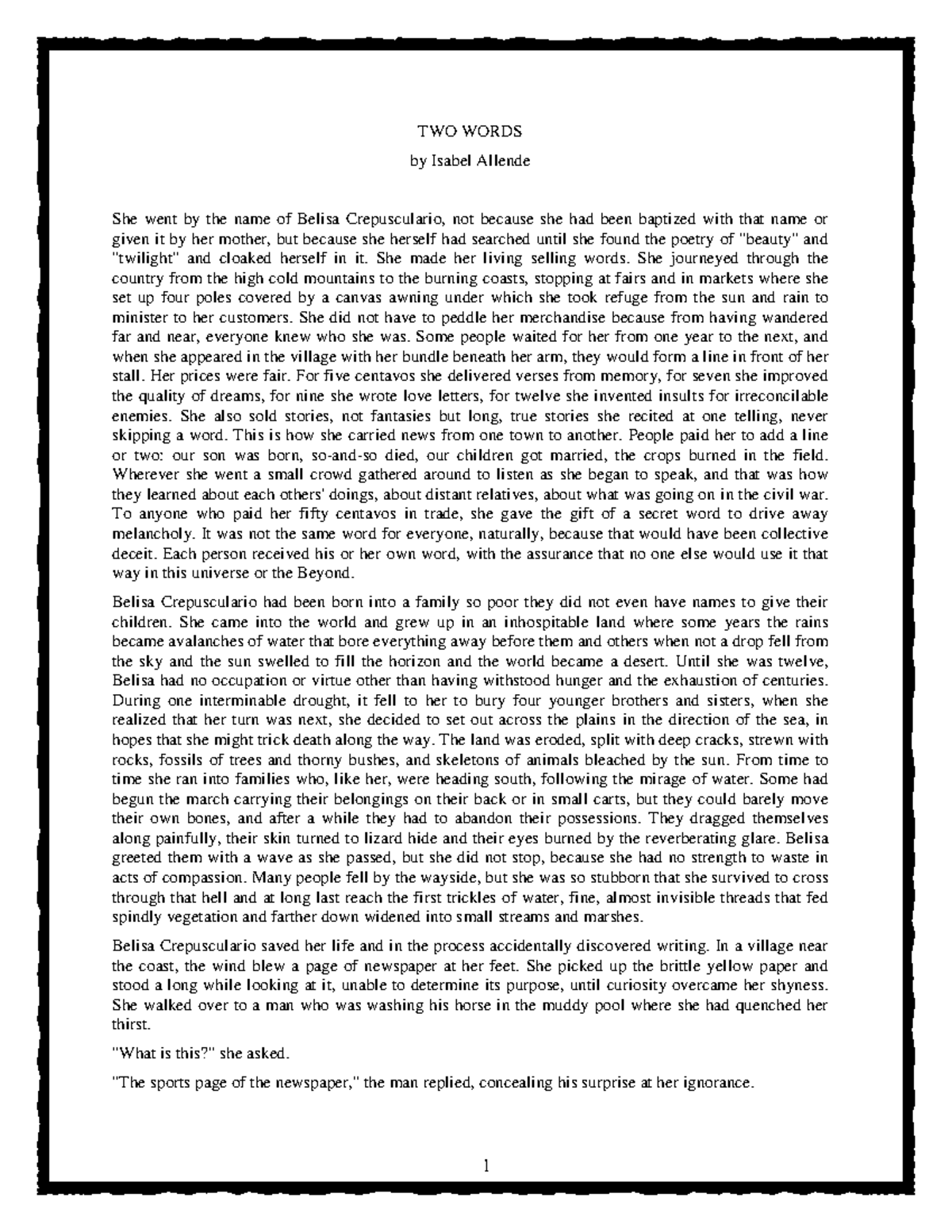 025285702 - Short Story Analysis: "Two Words" by Isabel Allende - Studocu