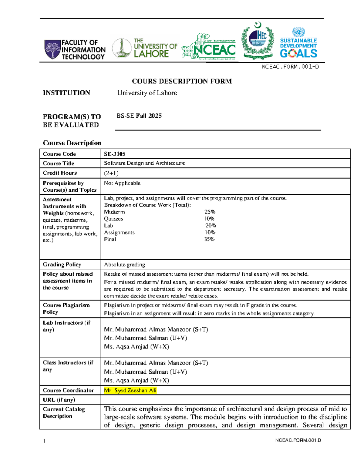 Course Outline: Software Design and Architecture (NCEAC.FORM.001.D) - Studocu