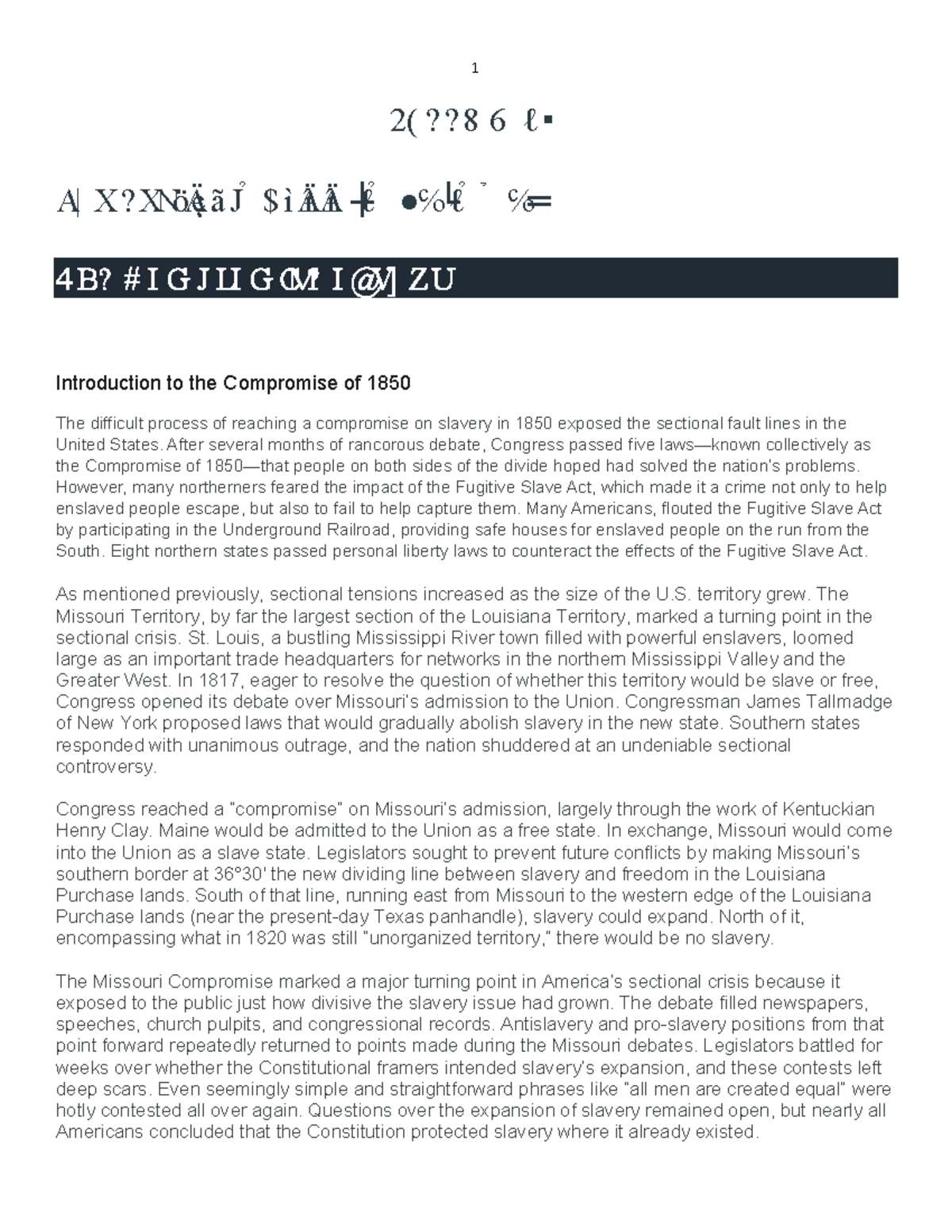 HIST 201: Introduction to the Compromise of 1850 and Sectional Tensions ...