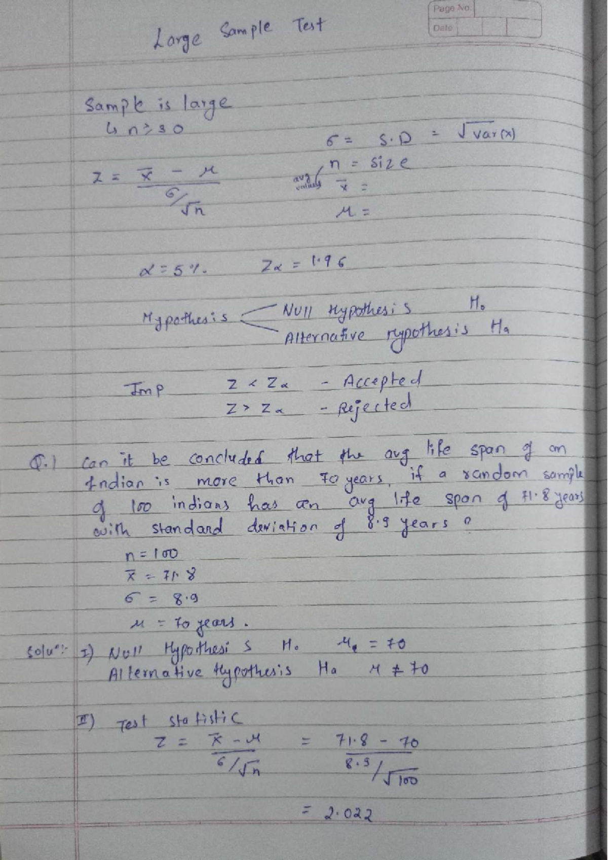Large Sample Test Analysis for Hypothesis Testing (Stat 101) - Studocu