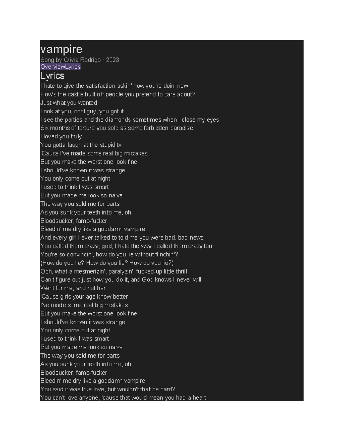 Vampire (Olivia Rodrigo) - 2023 Lyrics Overview - Studocu