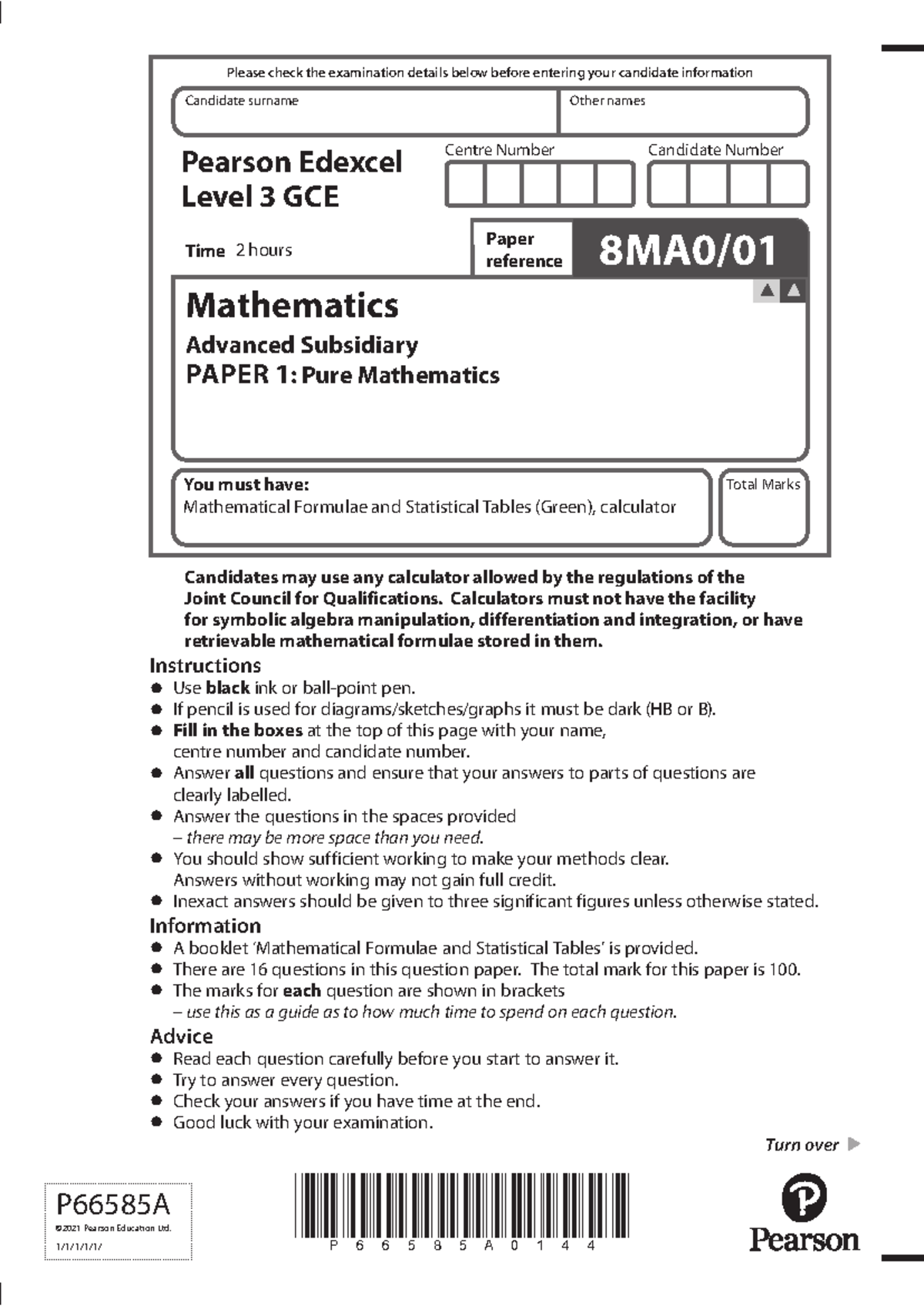 As-Level Pure Math Oct 2021 Answer Sheet (Papers 8MA0) - Studocu
