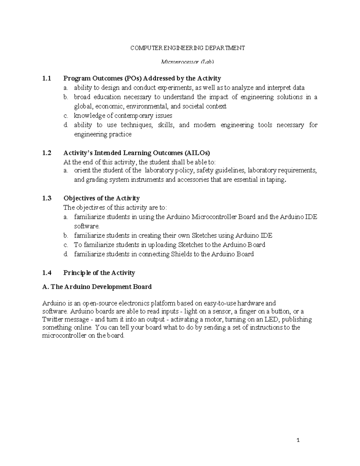 CPE0029L: Arduino Microcontroller Laboratory Activities and Procedures - Studocu
