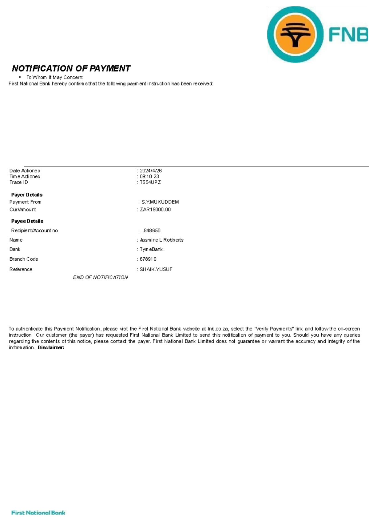 FNB Payment Notification - Confirmation of Payment to Jasmine L ...