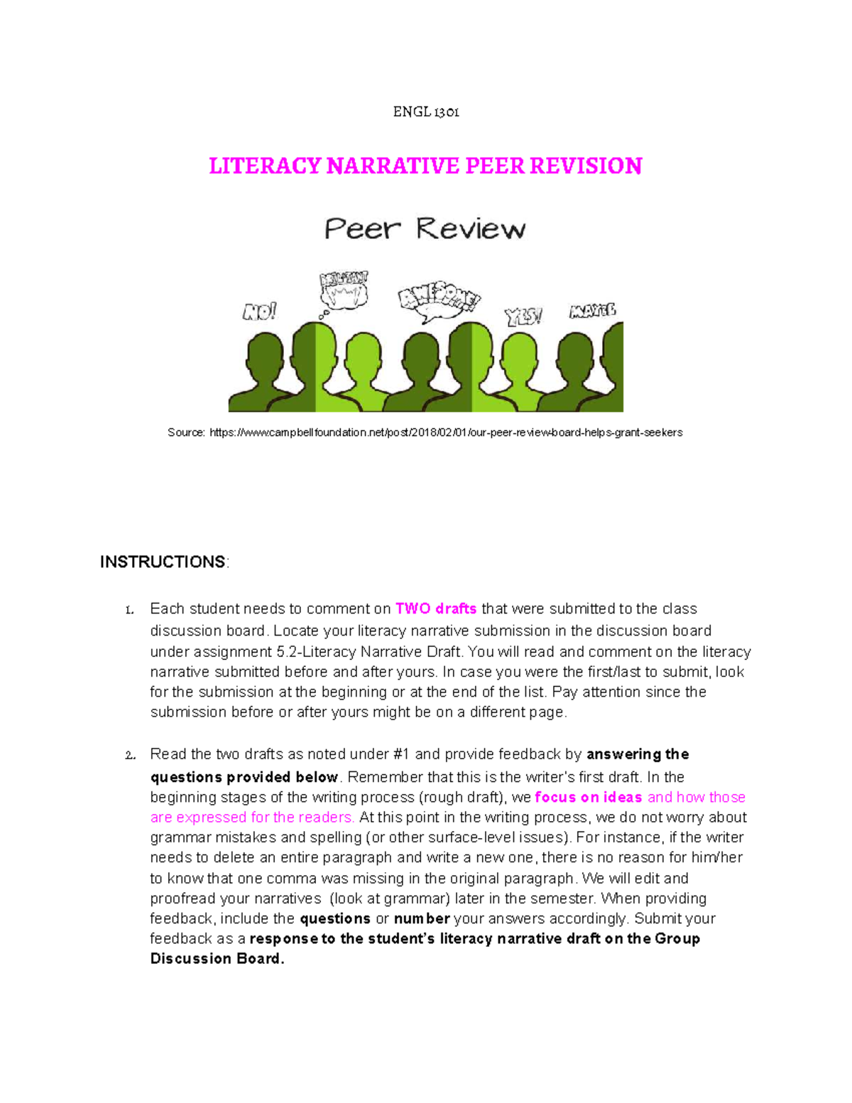 Literacy%20 Narrative%20PEER%20 Revision%20online - ENGL 1301 LITERACY ...