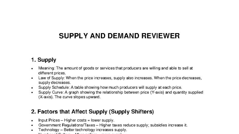 ECON 101: Supply and Demand Concepts Review Guide - Studocu