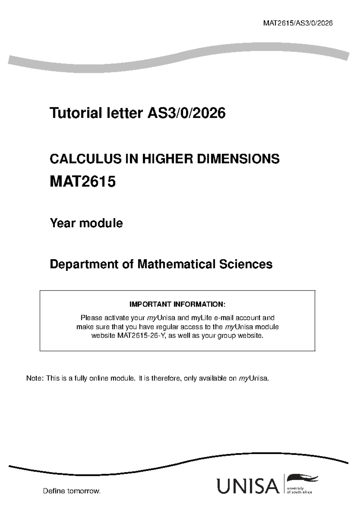 Assignment 3: CALCULUS IN HIGHER DIMENSIONS MAT2615 - Studocu