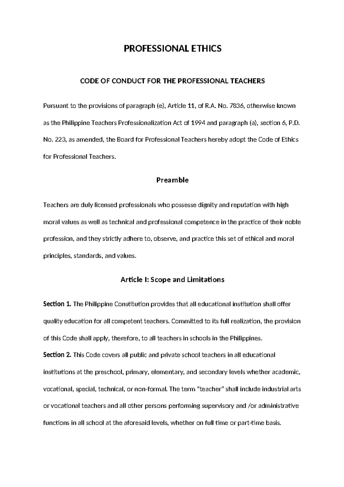 PROFESSIONAL ETHICS CODE OF CONDUCT FOR TEACHERS - LECTURE NOTES - Studocu