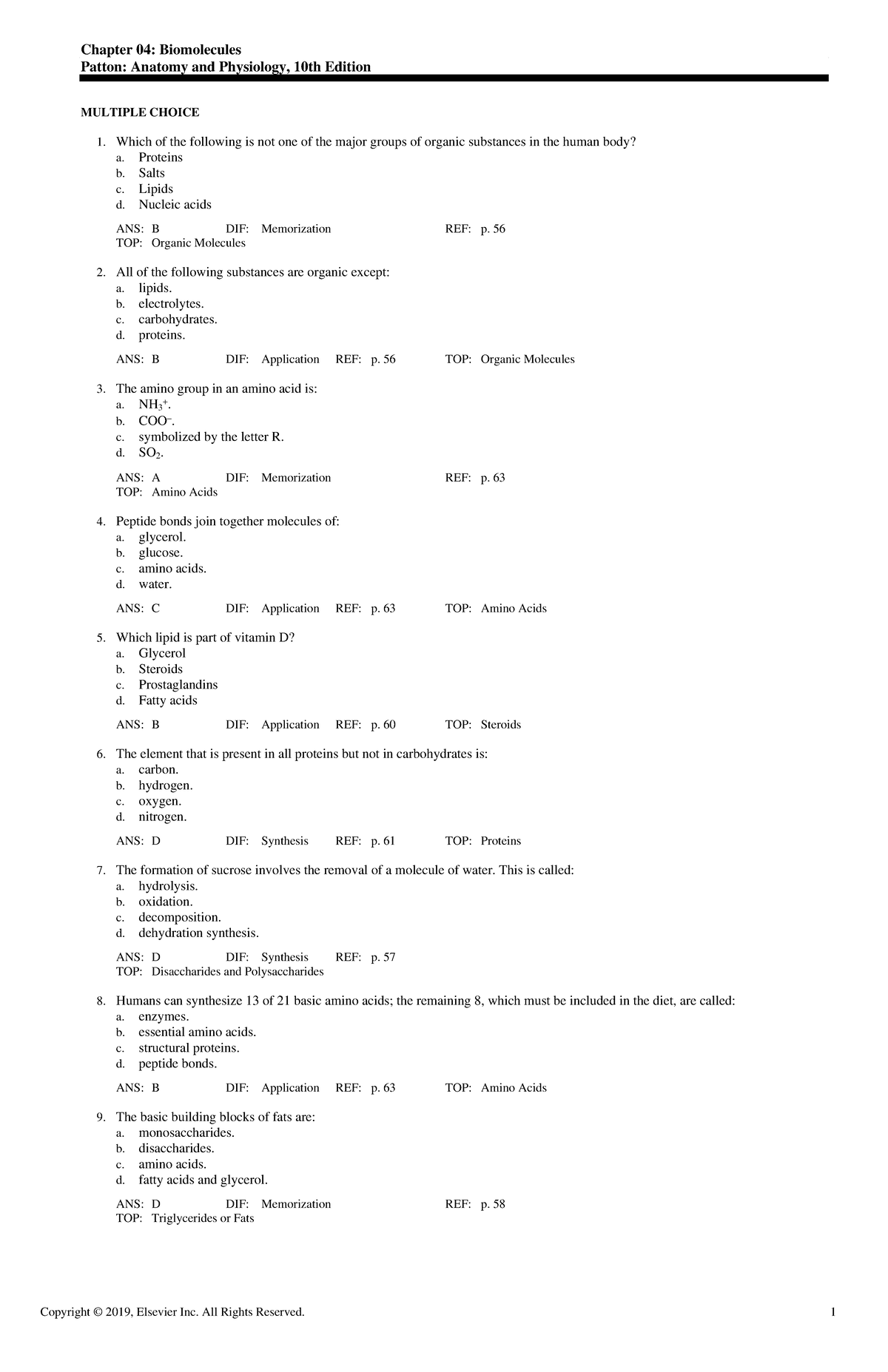 Exam View - Chapter 04 - Chapter 04: Biomolecules Patton: Anatomy and ...