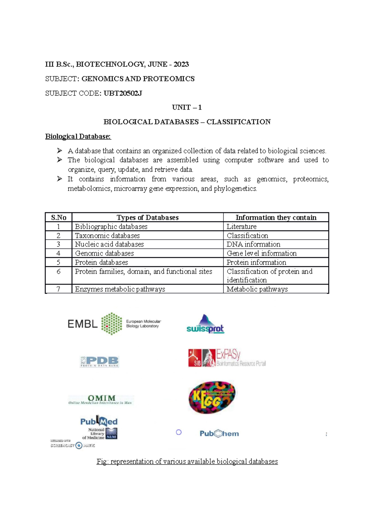 Title: UBT20502J: Classification of Biological Databases in Genomics ...