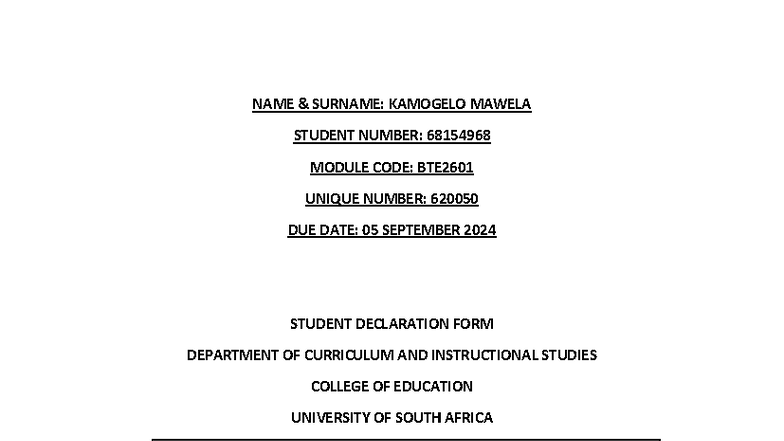 BTE2601 Student Declaration Form and Assignment Guidelines - Studocu