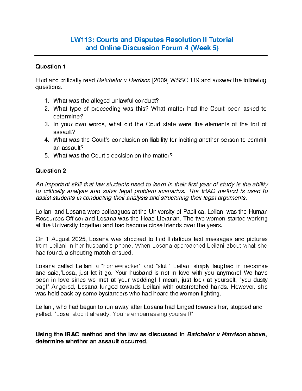 LW113: Week 5 Tutorial on Batchelor v Harrison & IRAC Method Analysis ...