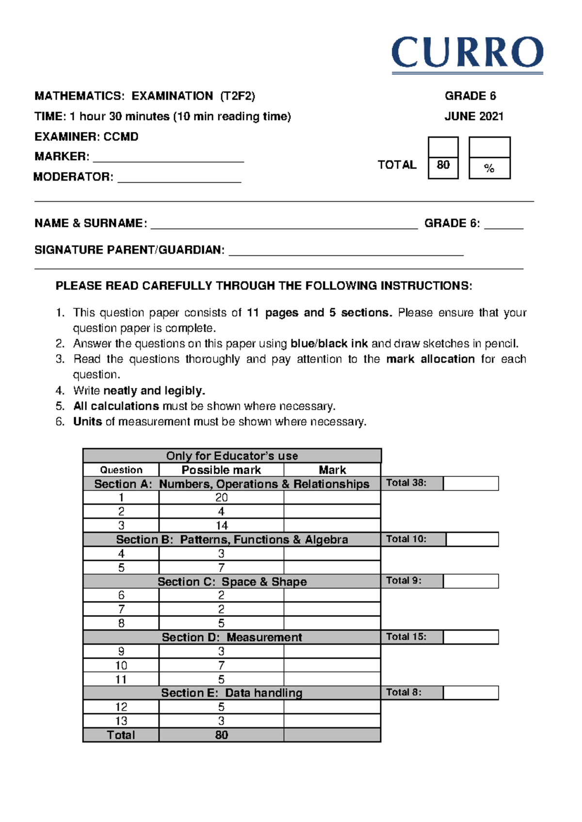 Mathematics Final Exam Gr6 June 2021 T2F2 - Complete Question Paper ...