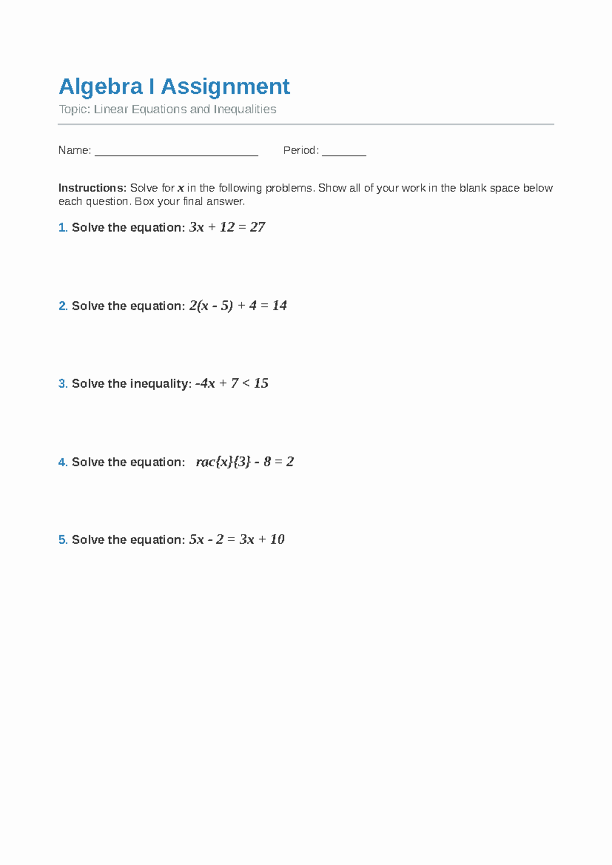 Algebra 1 Assignment - Algebra I Assignment Topic: Linear Equations and ...