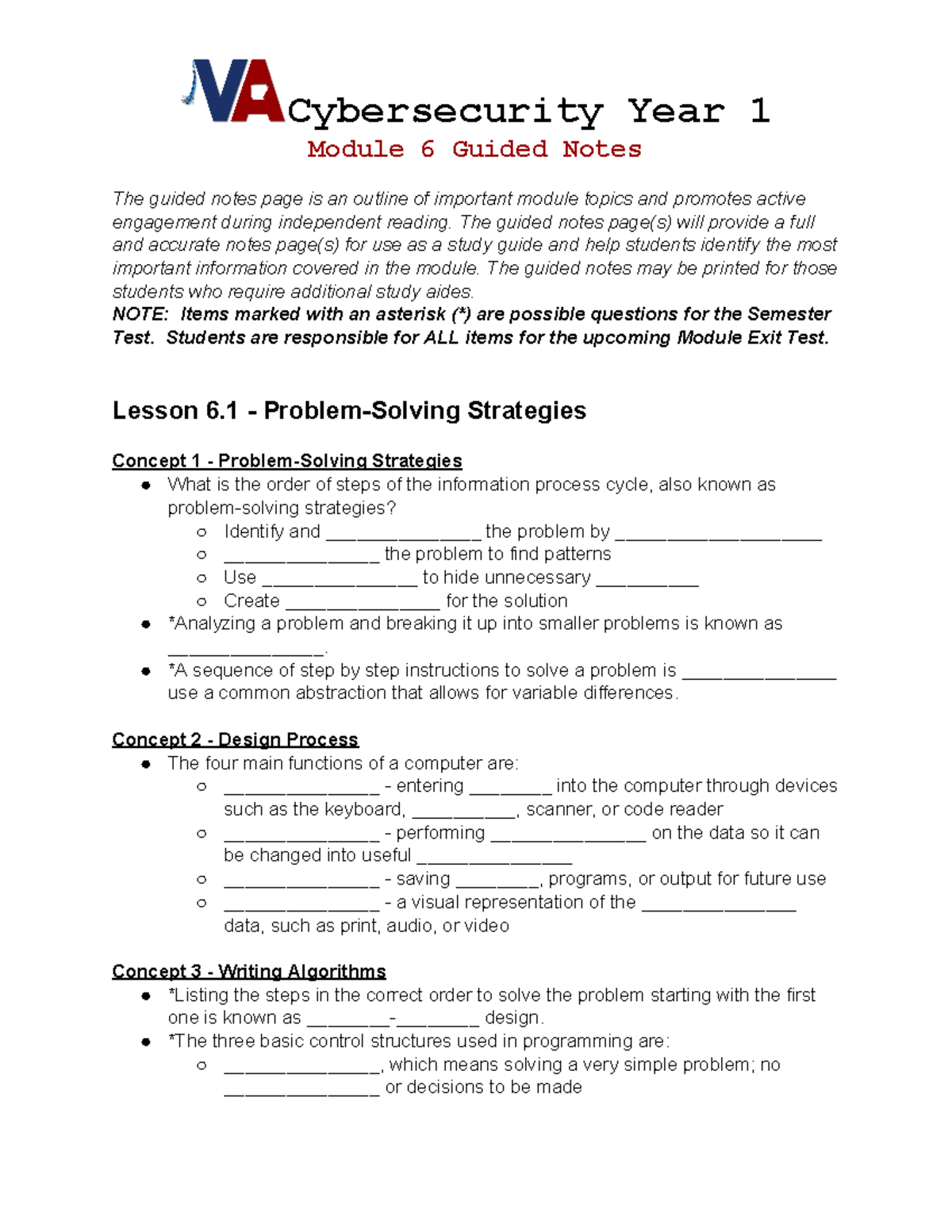 CS1 Module 6 Final Exam Guided Notes on Problem-Solving Strategies ...