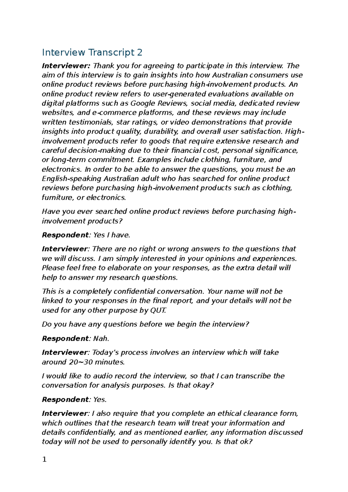 [ Analysed] Interview Transcript 2 - Interview Transcript 2 Interviewer ...