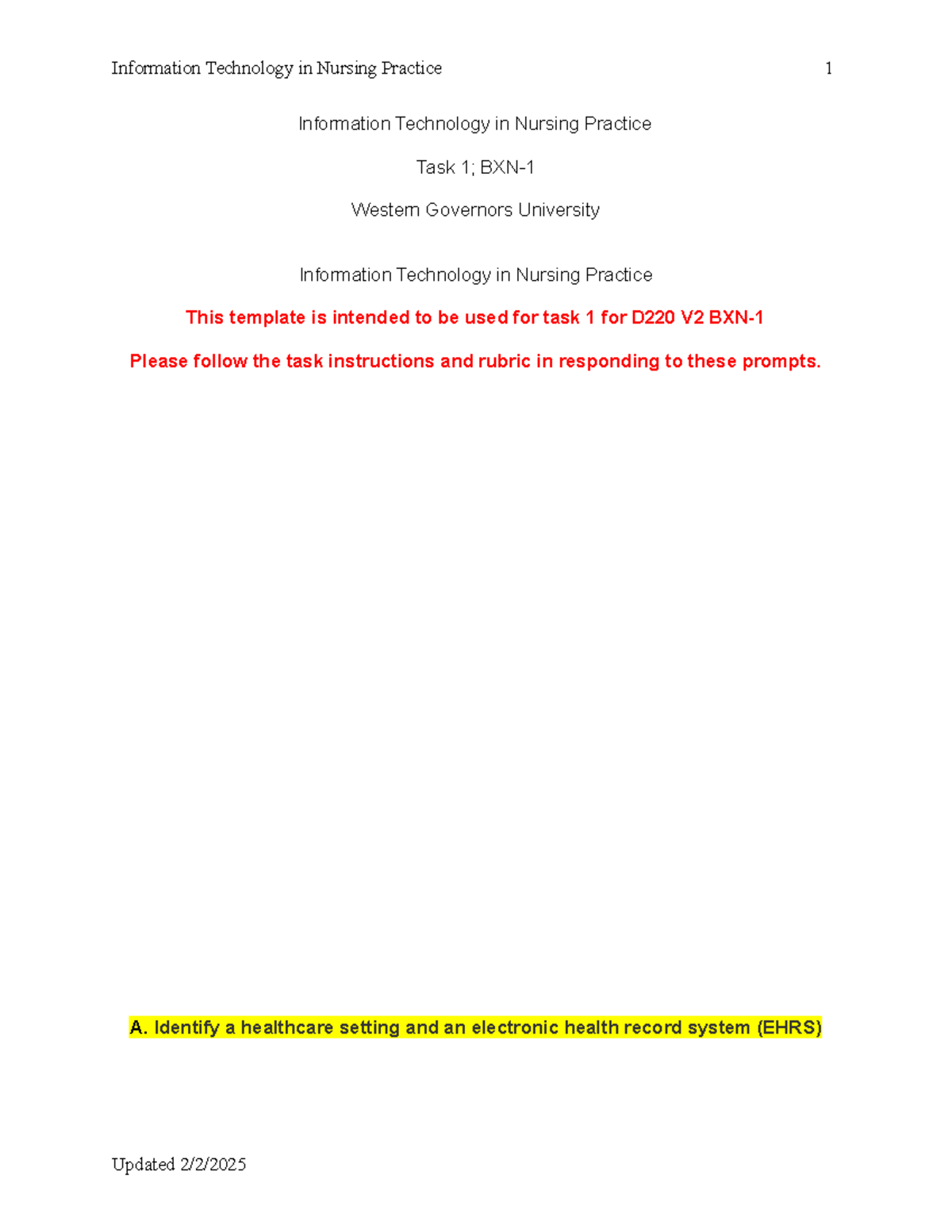 D220 V2 Task 1 Template 2025: IT in Nursing Practice Analysis - Studocu