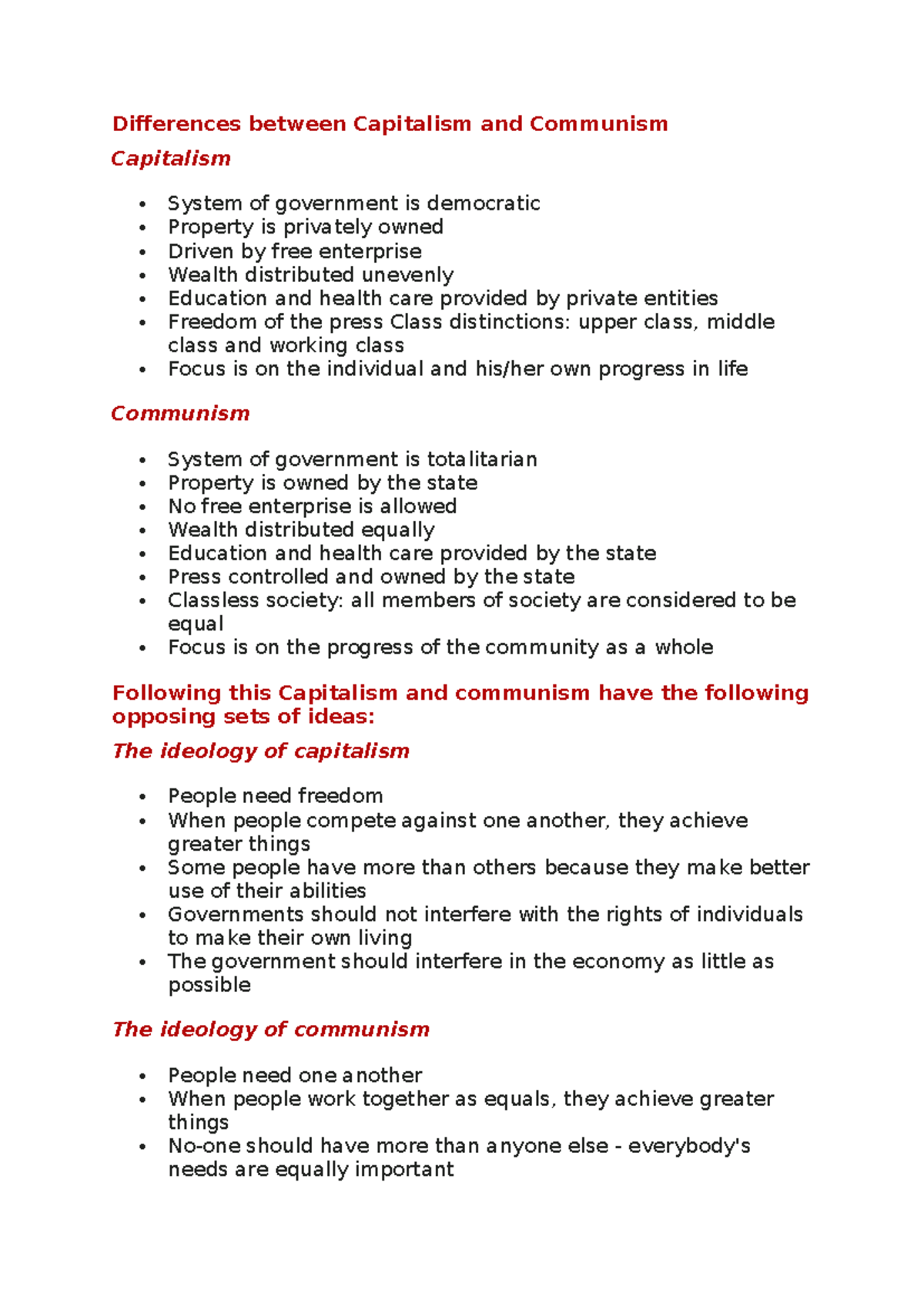 Comparative Analysis of Capitalism vs. Communism - Studocu
