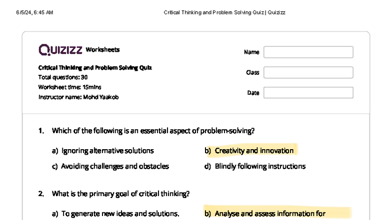 Critical Thinking and Problem Solving Quiz (6:45 AM) - Quizizz Worksheets - Studocu