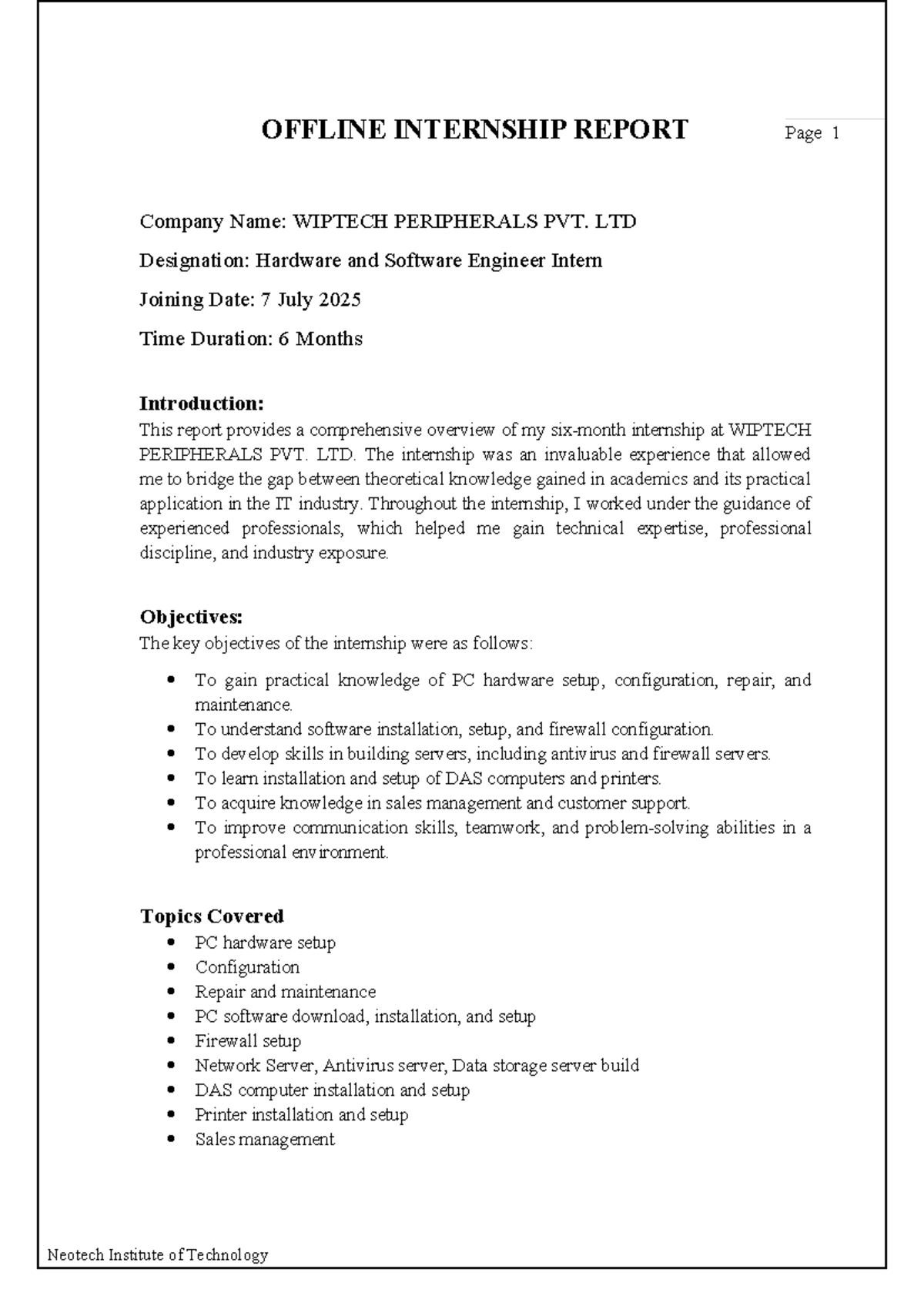 Internship Report: Hardware & Software Engineering at WIPTECH (2424 SEM ...