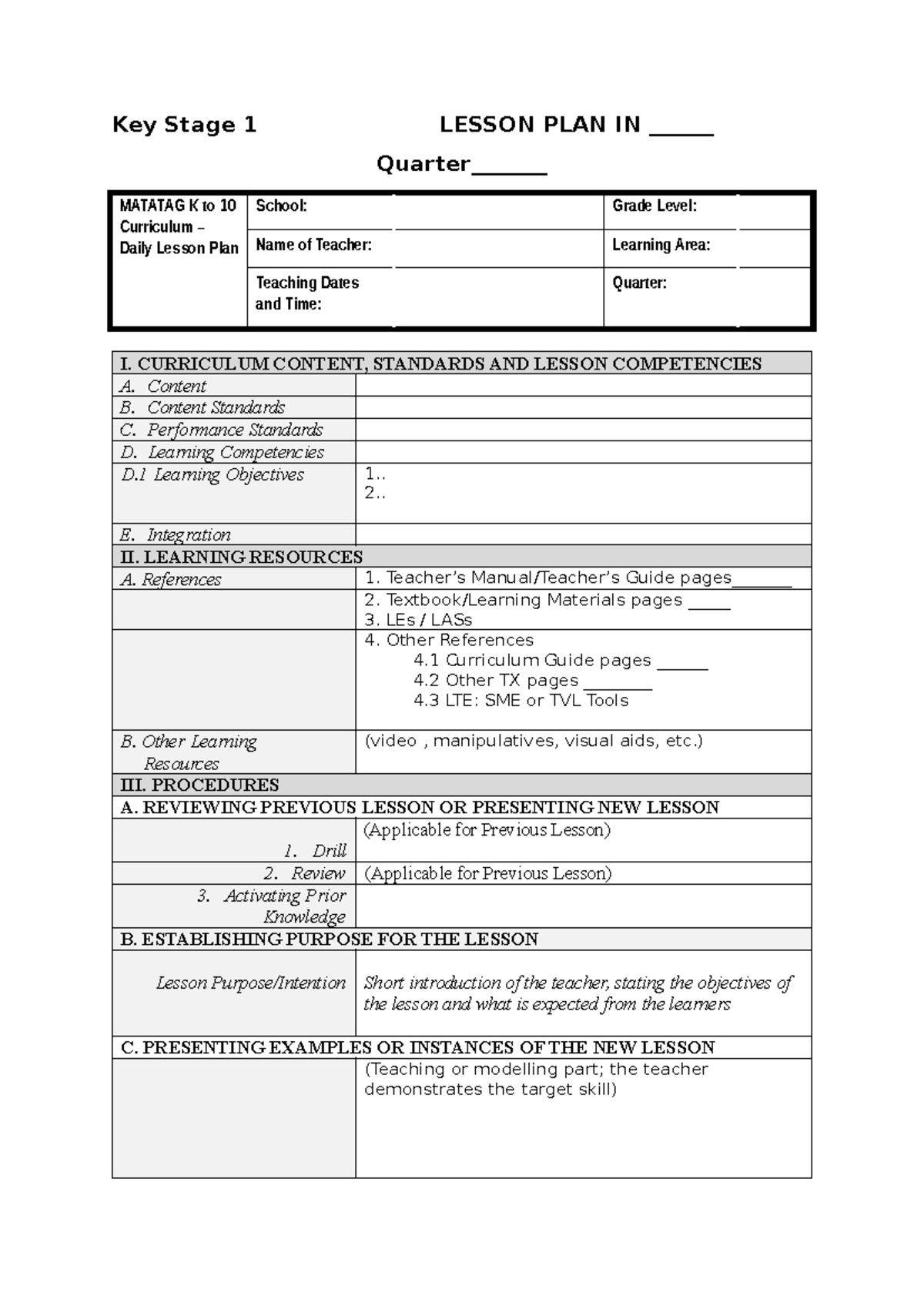 Key Stage 1 & 2 Daily Lesson Plan (DLL) Template - Studocu
