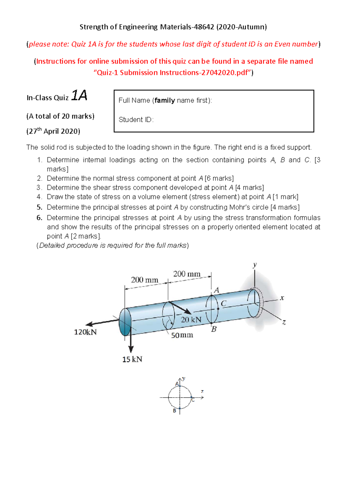 Strength of Engineering Materials (ENGR 101) Quiz 1A & 1B Solutions ...
