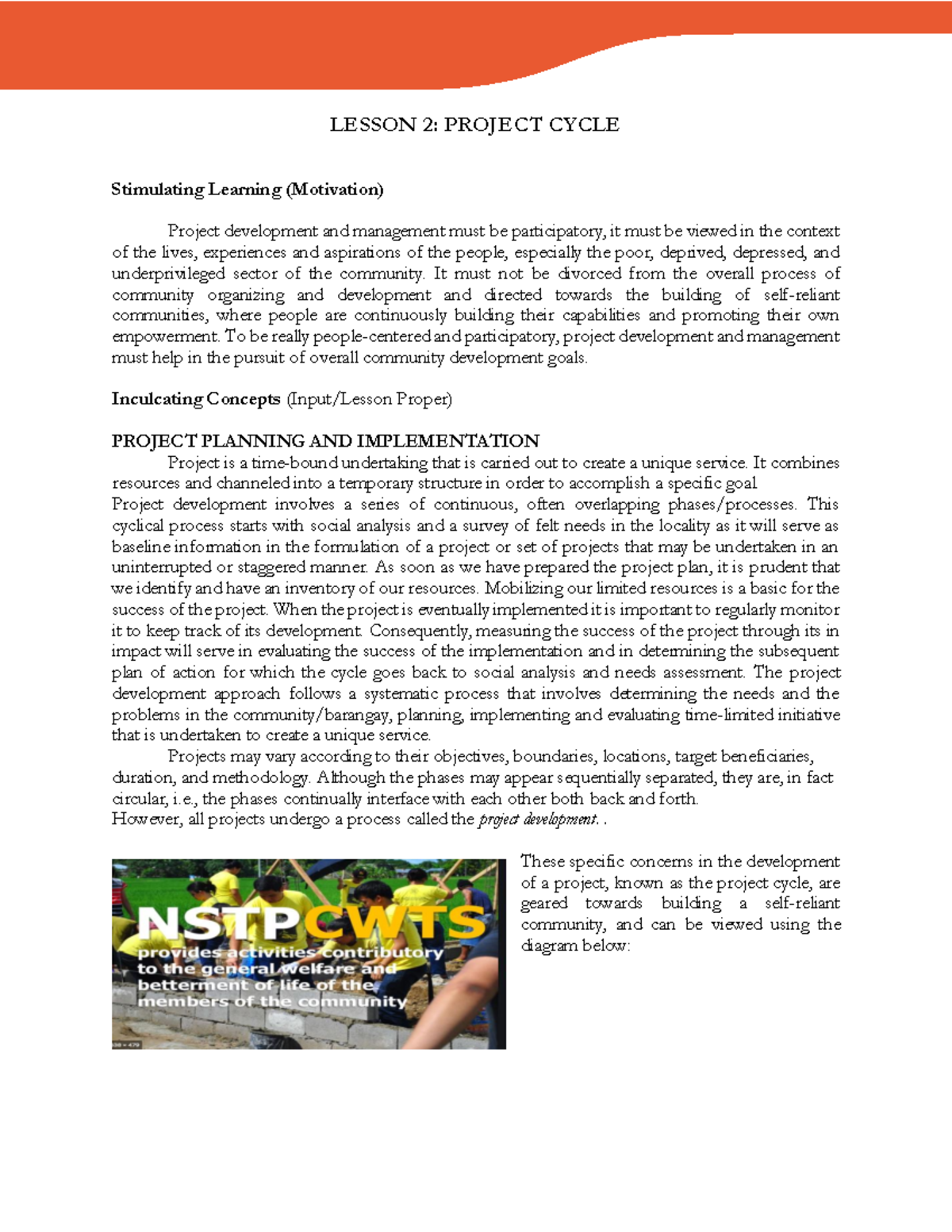 Lesson 2 NSTP (CWTS) - Second Semester - LESSON 2: PROJECT CYCLE ...