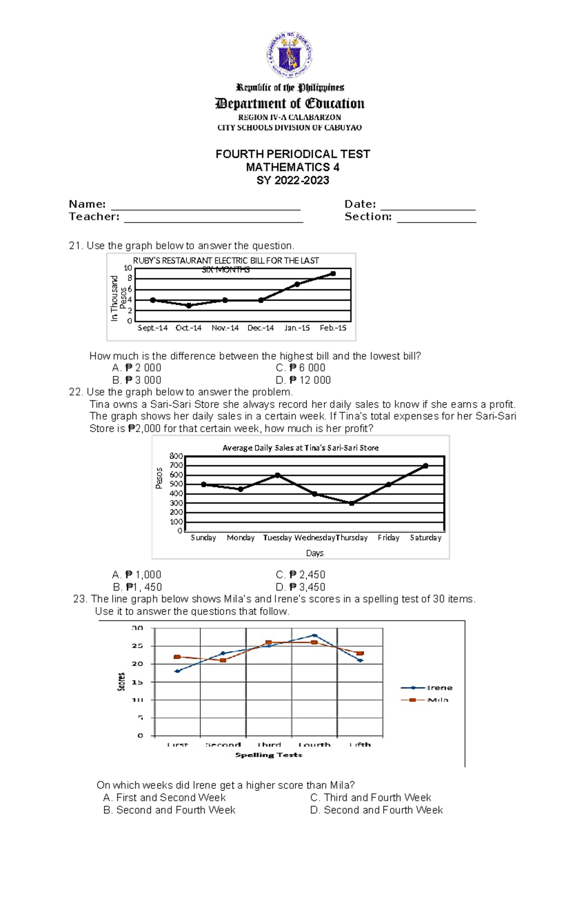 Grade 4 - periodical test - FOURTH PERIODICAL TEST MATHEMATICS 4 SY ...