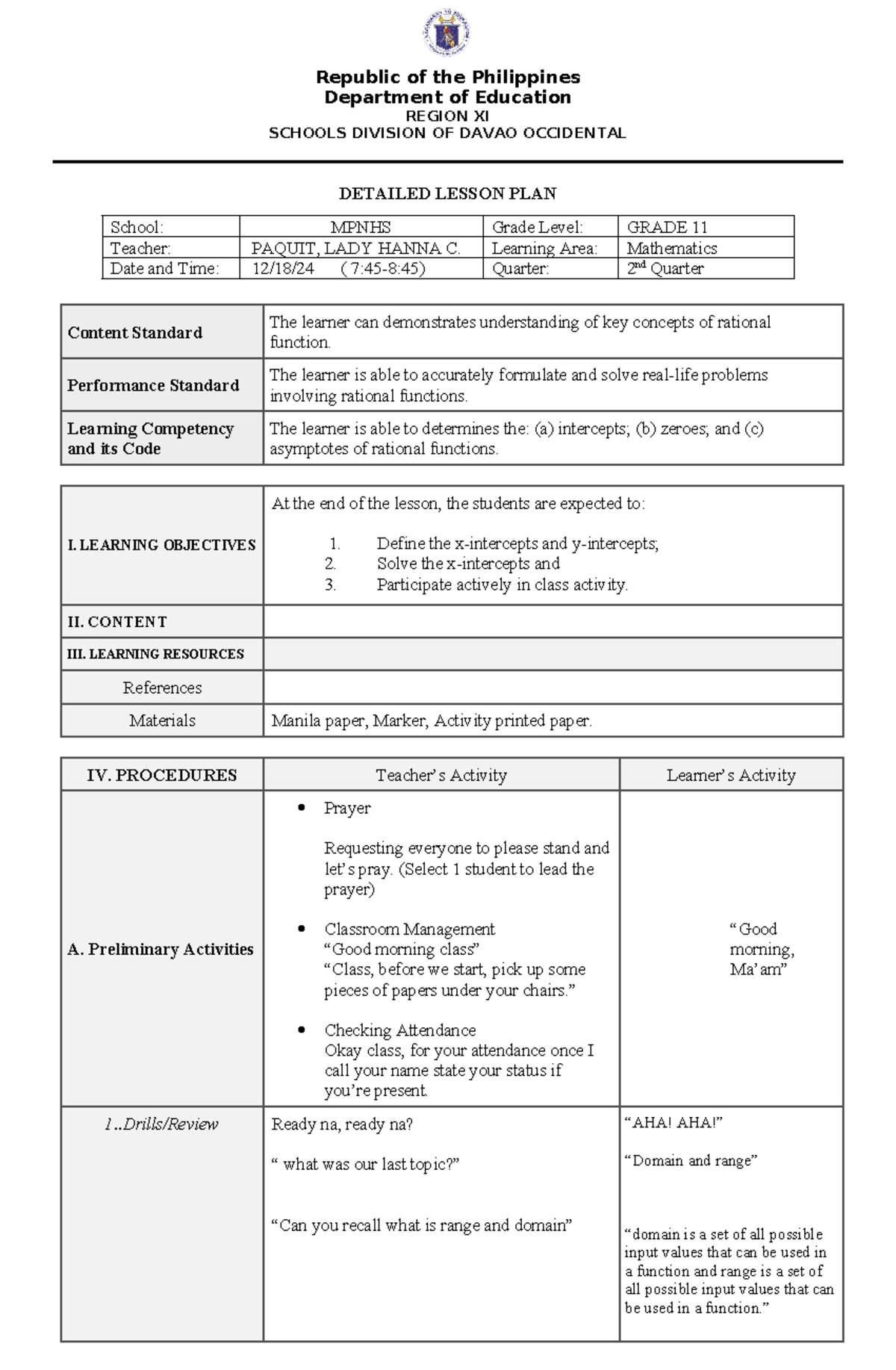Detailed Lesson Plan Template - Republic of the Philippines Department of Education REGION XI ...
