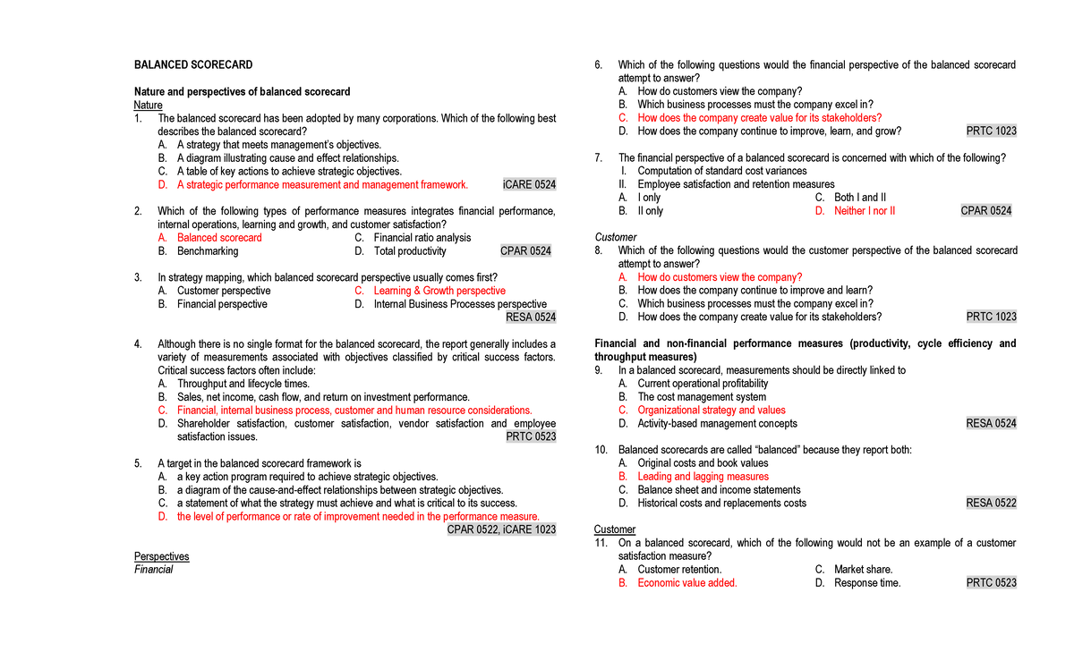 Balanced Scorecard - iCARE 0524 Test Bank for Performance Measures ...