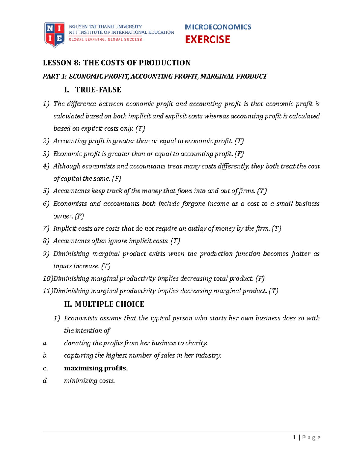 Exercise-L8- The Costs of Production - QA - part 1 - EXERCISE LESSON 8 ...