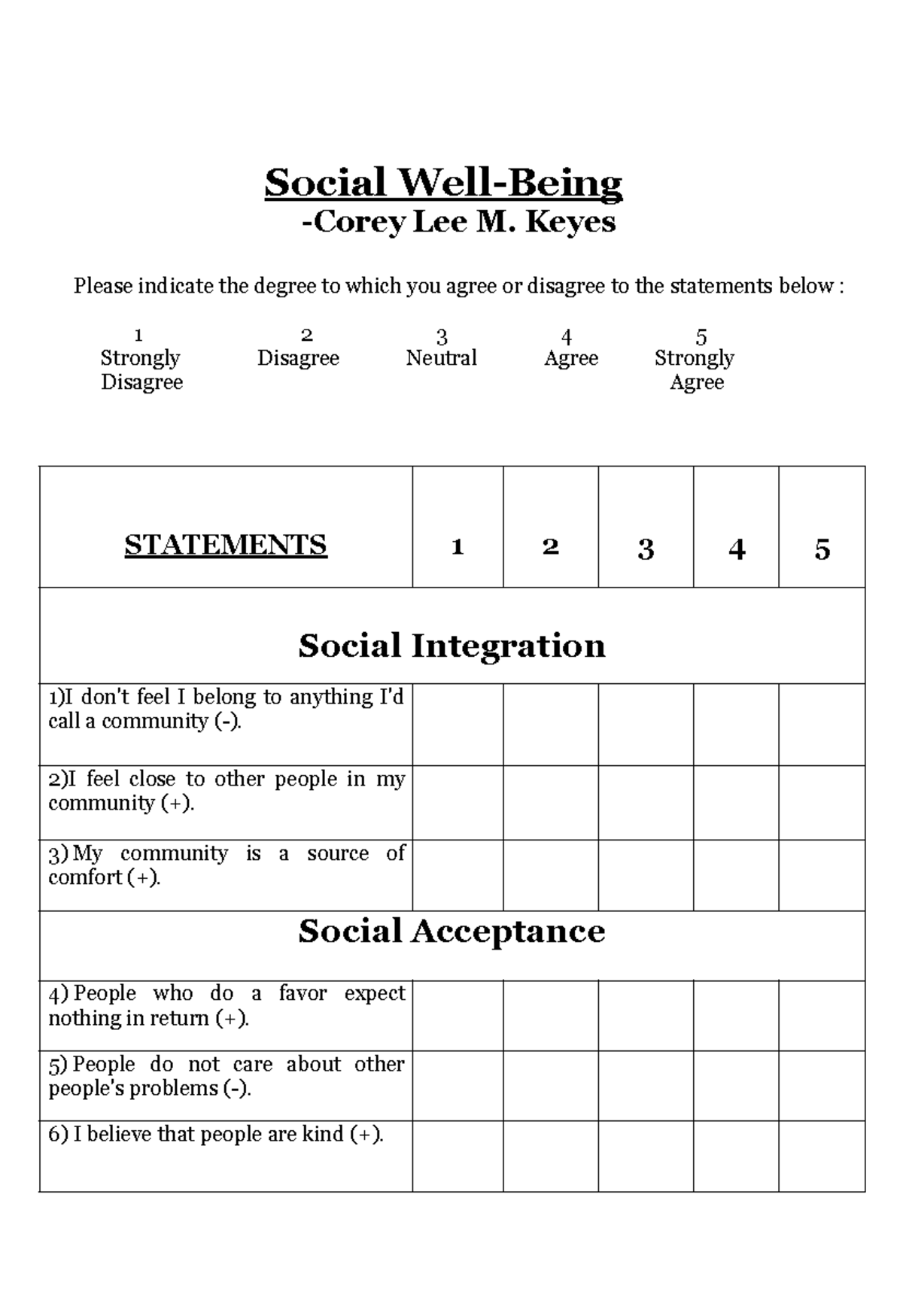 Social Well-Being Questionnaire: Assessing Community Connection - Studocu