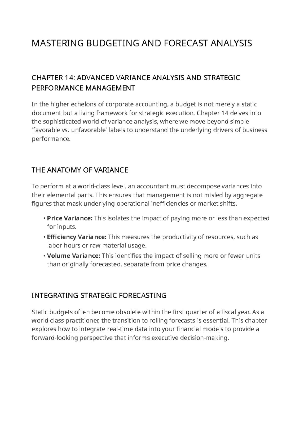 BUDGETING AND FORECAST ANALYSIS CH. 14: VARIANCE ANALYSIS & PERFORMANCE ...